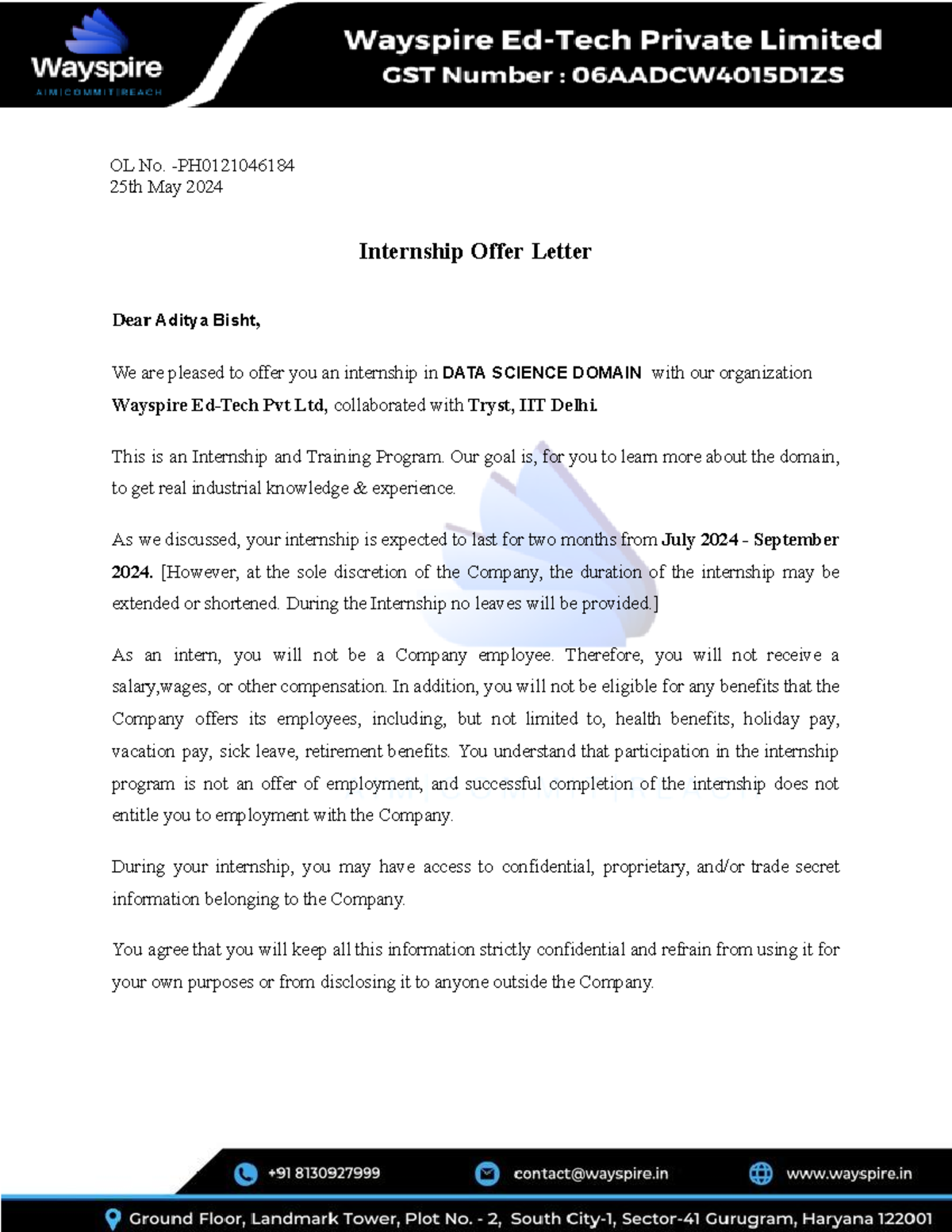 Aditya's Internship Offer letter - OL No. -PH 25th May 2024 Internship ...
