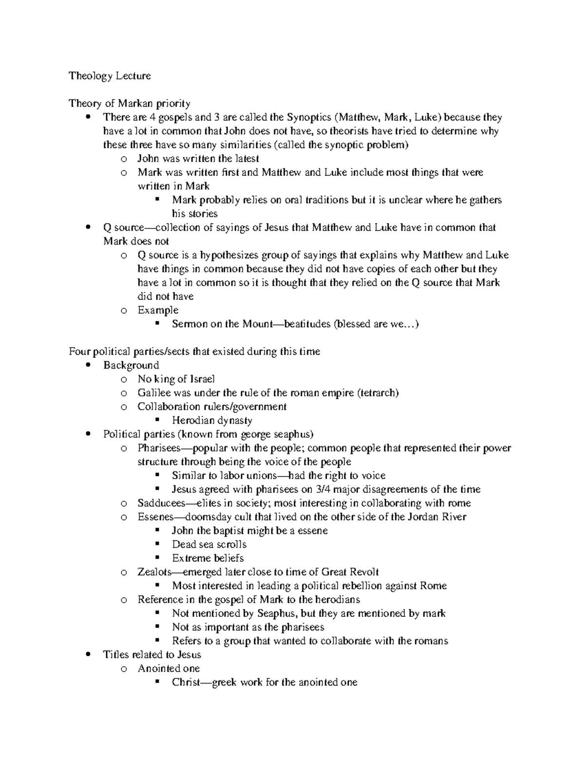 Theology Lecture - Theology Lecture Theory of Markan priority There are ...