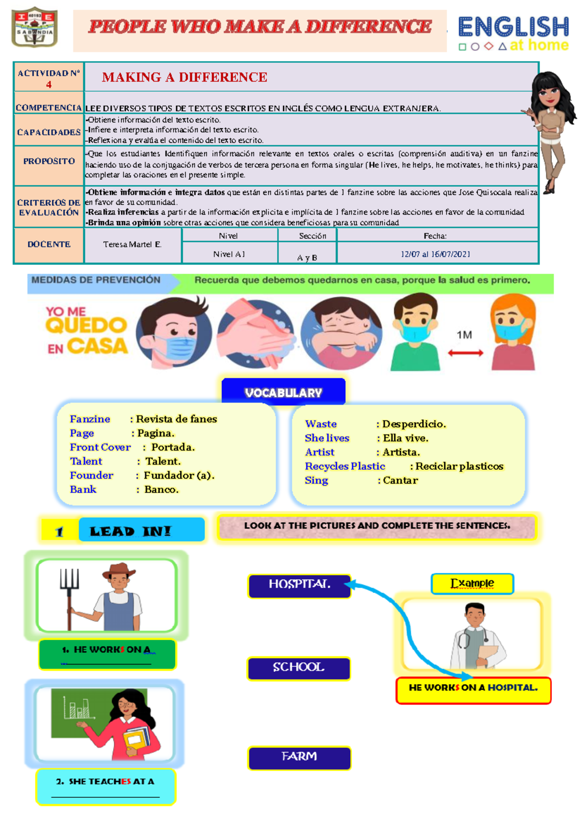 4ta ACT. 4ta. EXP. Level A1 - ####### ACTIVIDAD N° 4 MAKING A DIFFERENCE ####### COMPETENCIA LEE ...