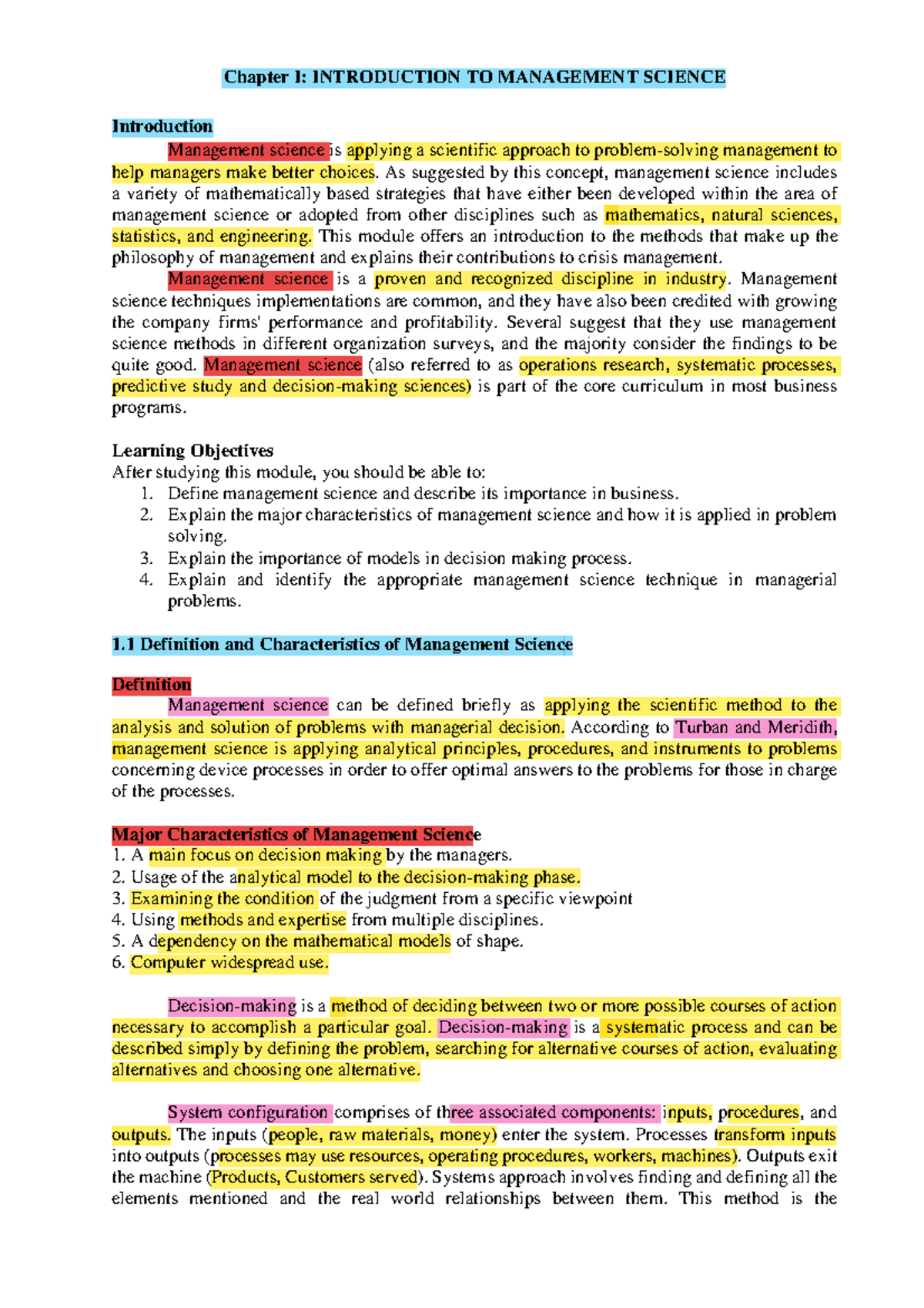 Module - Book - Chapter I: INTRODUCTION TO MANAGEMENT SCIENCE ...