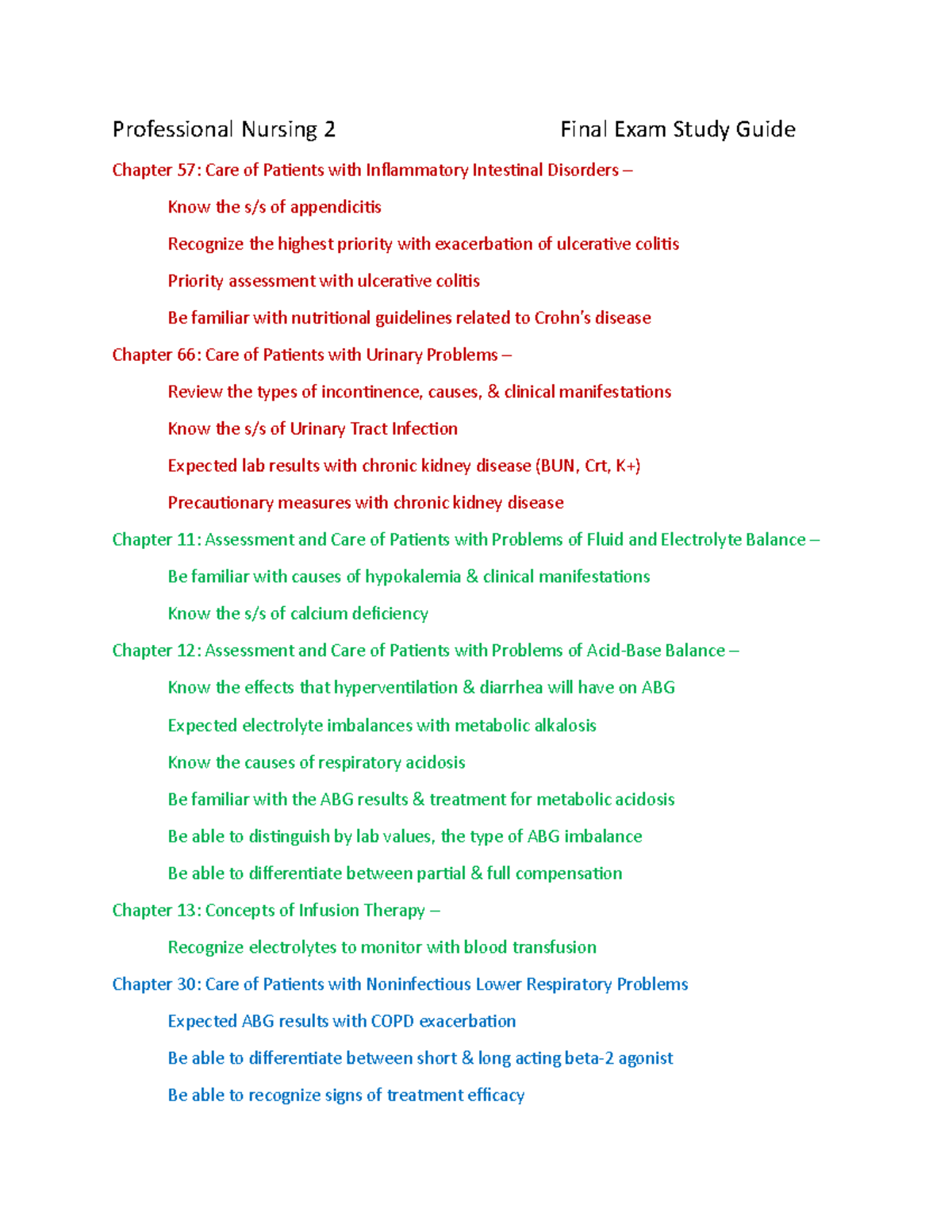 Final Exam Study Guide - Professional Nursing 2 Final Exam Study Guide ...