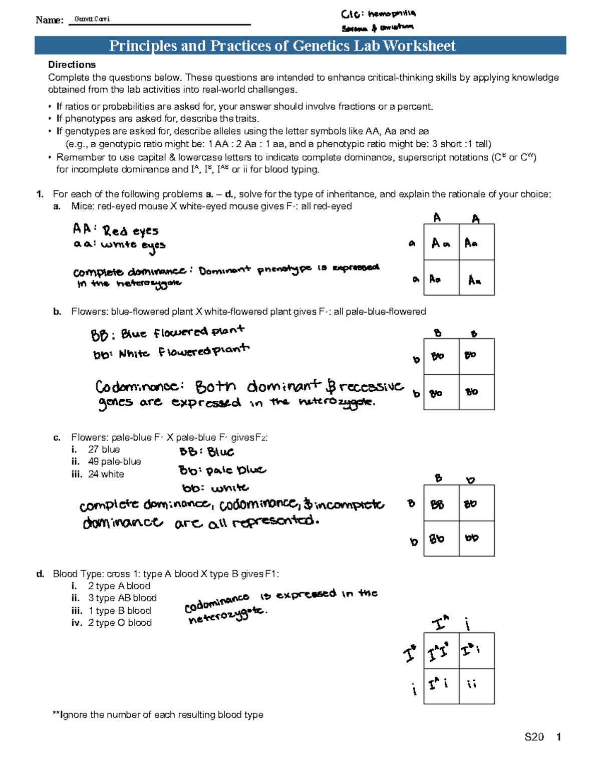 Genetics Wksheet F20 wk 11 - Name: Principles and Practices of Genetics ...