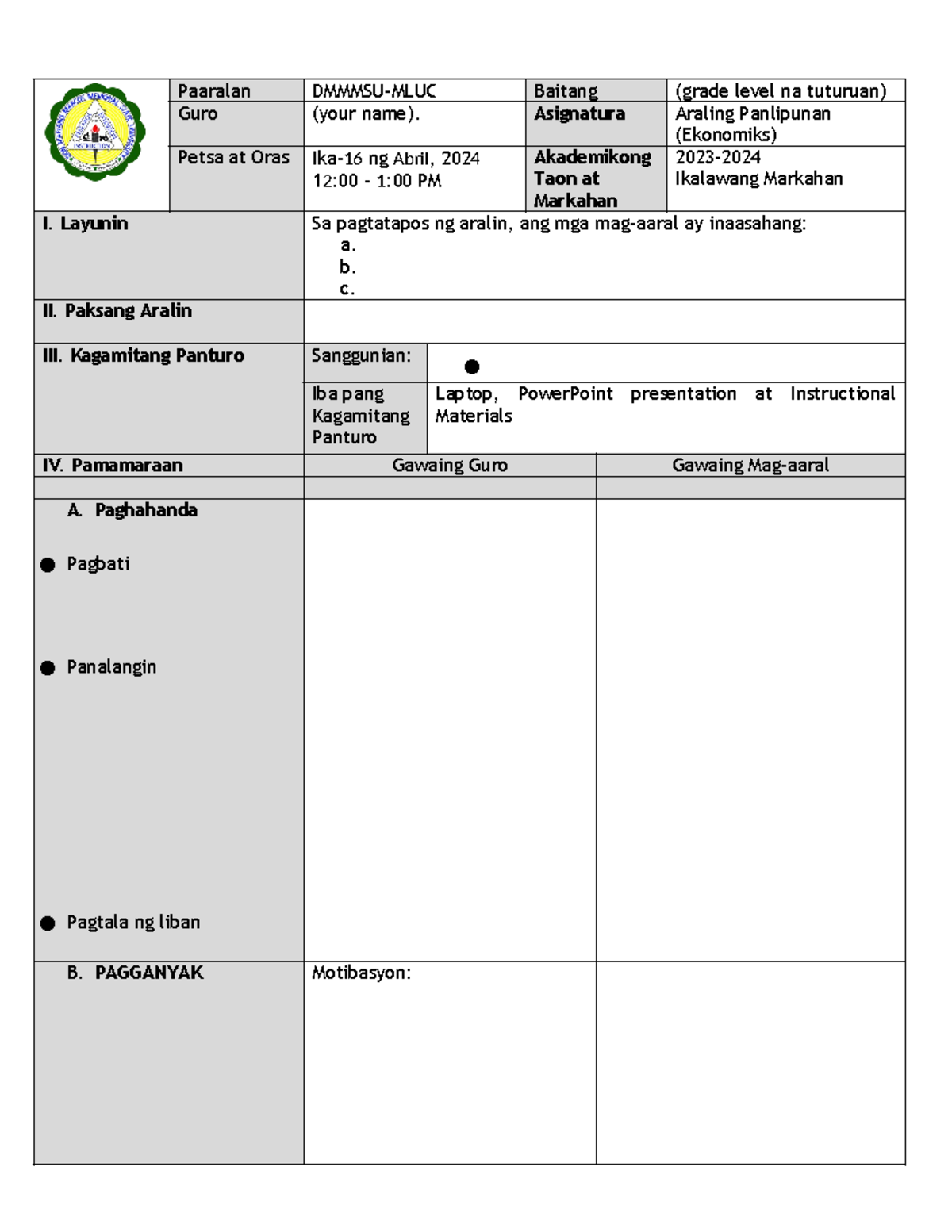 Lesson-PLAN- Template - Paaralan DMMMSU-MLUC Baitang (grade level na ...