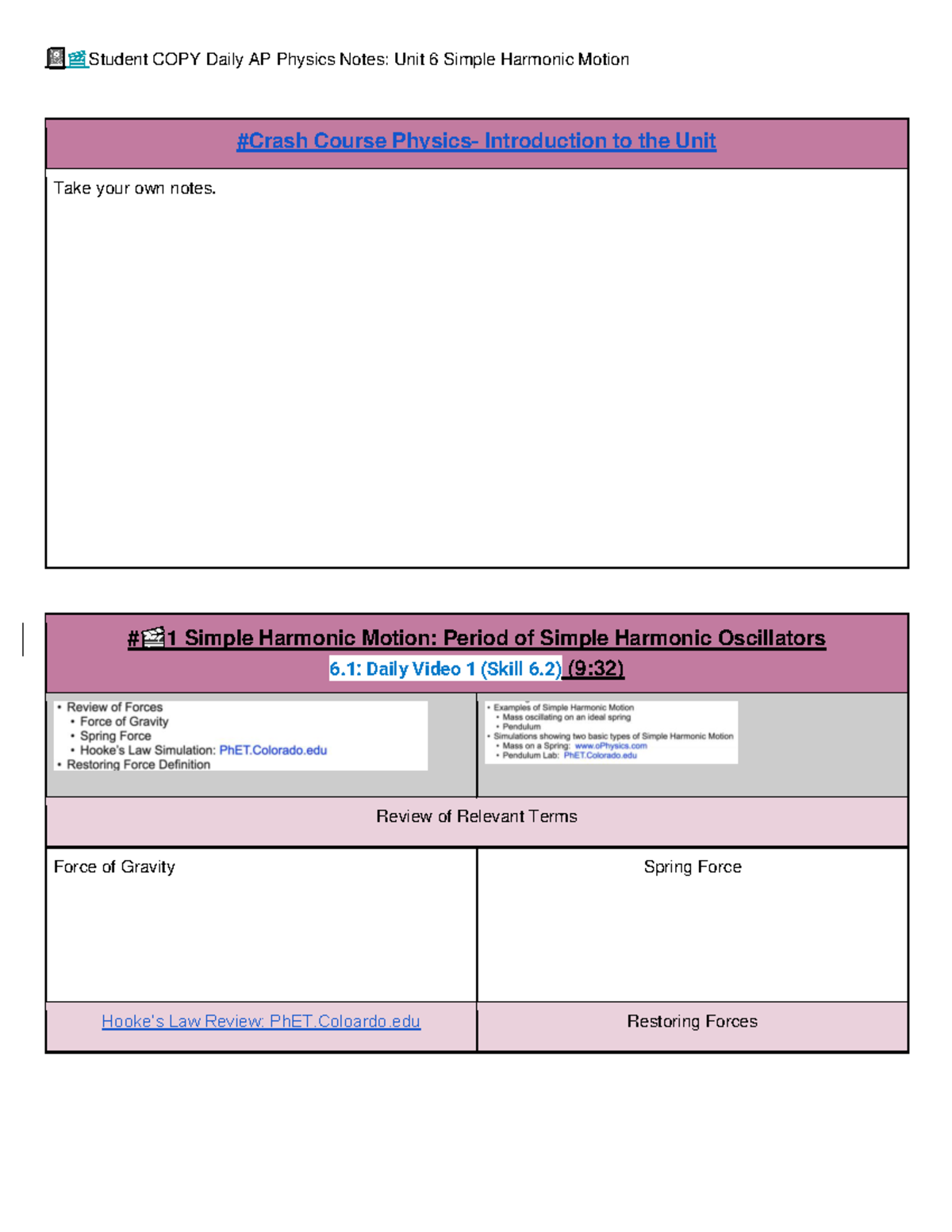 AP1 Student Copy- Daily AP Physics 1 Notes Simple Harmonic Motion Unit ...