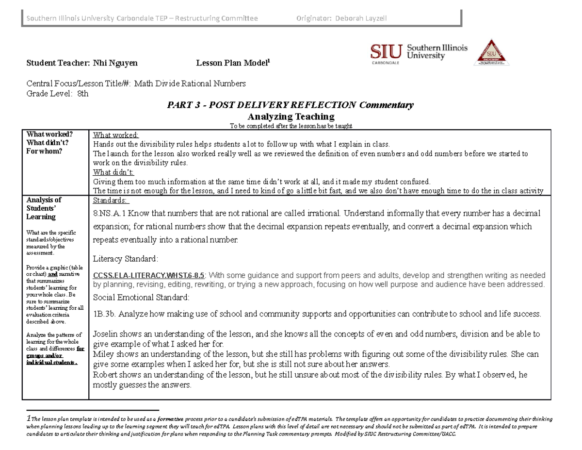 TEP Lesson Plan Part 3 - Southern Illinois University Carbondale TEP ...