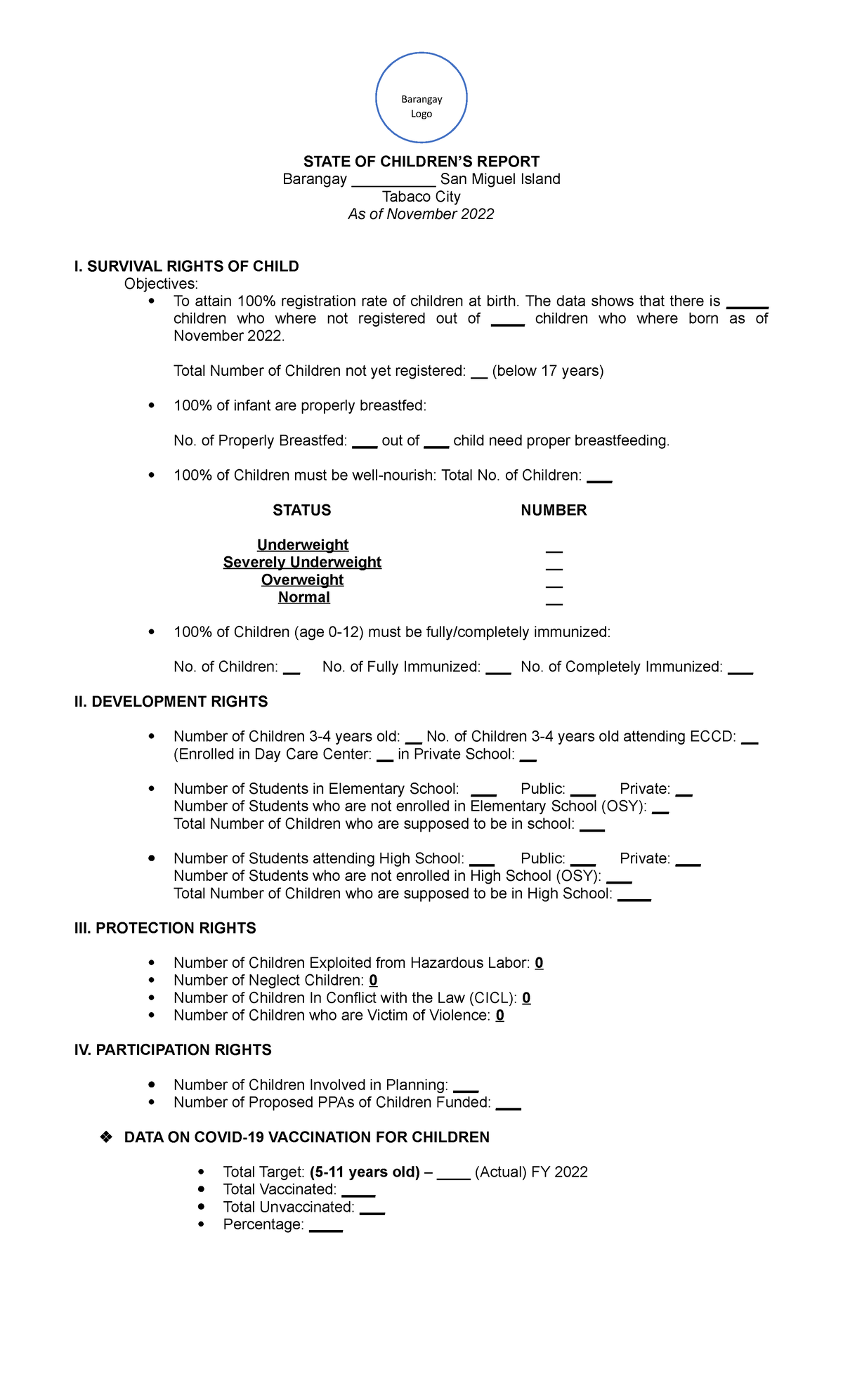 State Of Children s Report Form STATE OF CHILDREN S REPORT Barangay