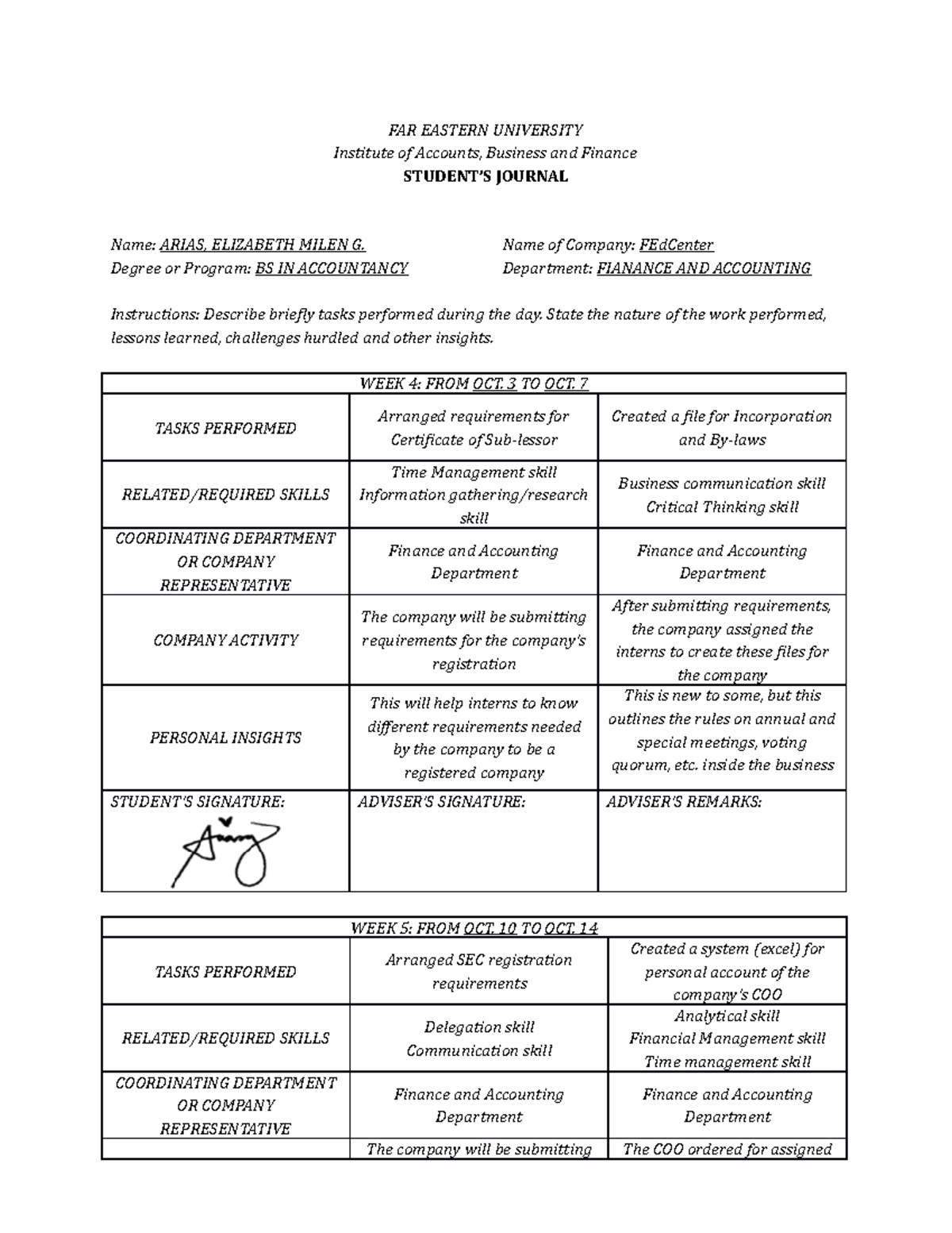 Journal - October - Internship - FAR EASTERN UNIVERSITY Institute of ...