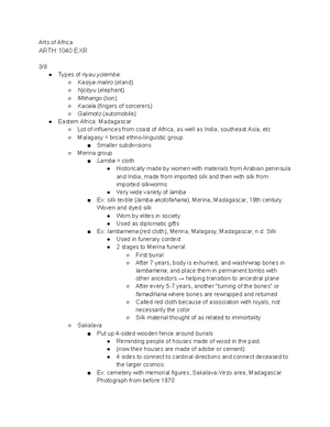 Arts of africa notes part 1 - Arts of Africa Spring 2023 ARTH:1040:EXR ...