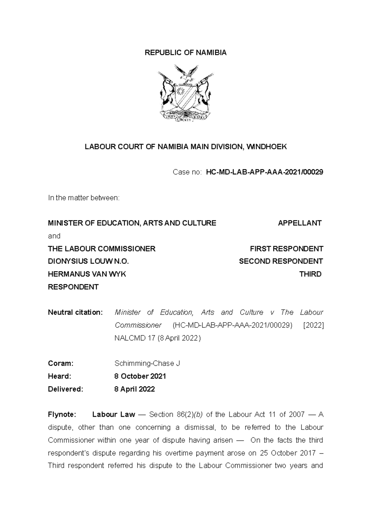 Minister of Education, Arts and Culture v The Labour Commissioner ...