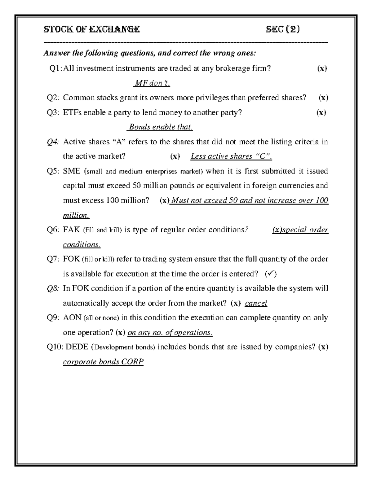 Questions on ch 2 - stock exchange - Stock of Exchange Sec (2) - Answer ...