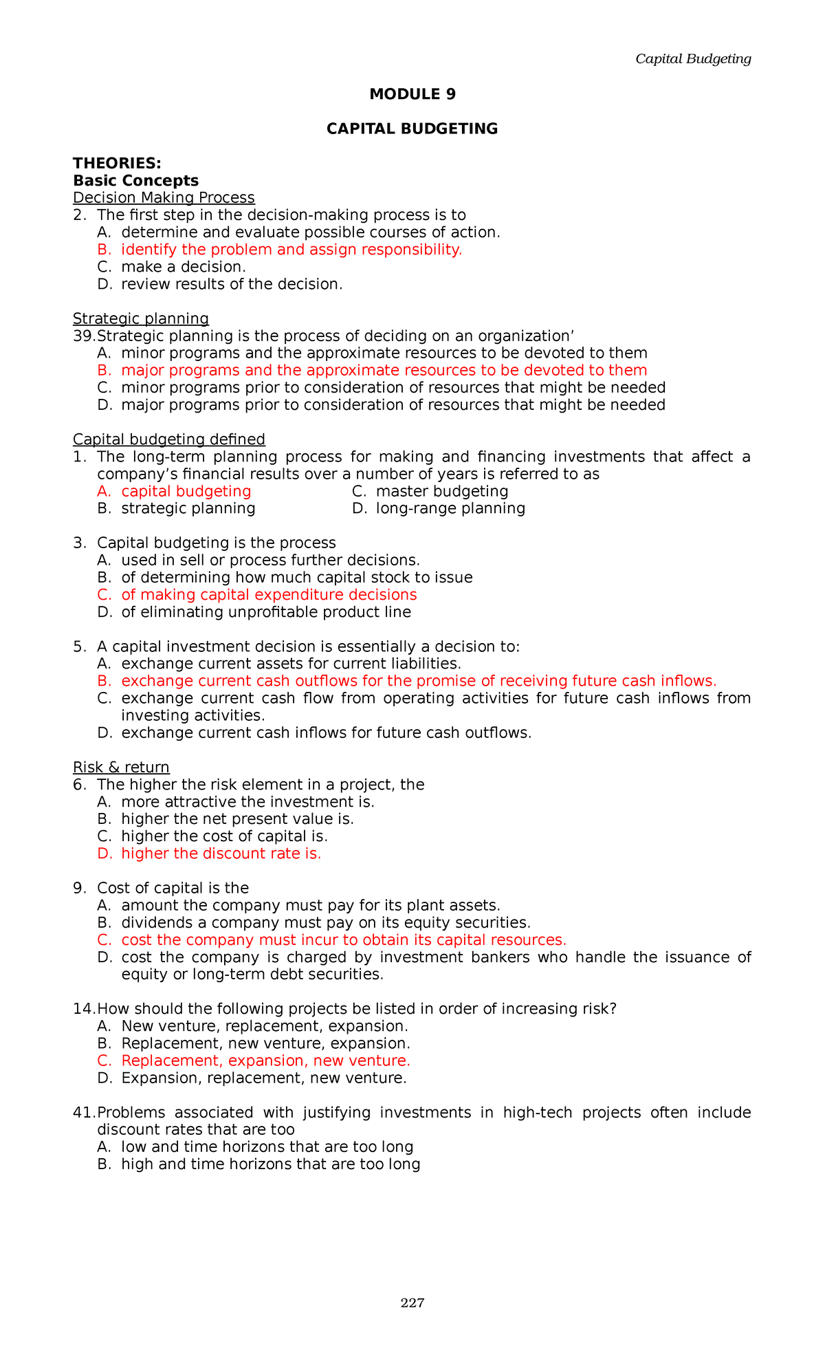 MAS Bobadilla Capital Budgeting - MODULE 9 CAPITAL BUDGETING THEORIES ...