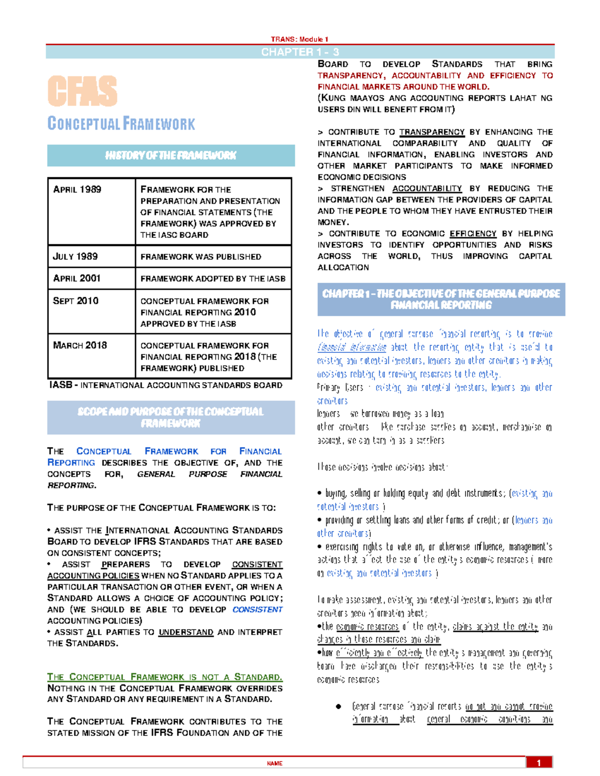 CFAS-Trans - Conceptual Framework and Accounting Standards - TRANS: Module 1 NAME 1 CHAPTER 1 ...