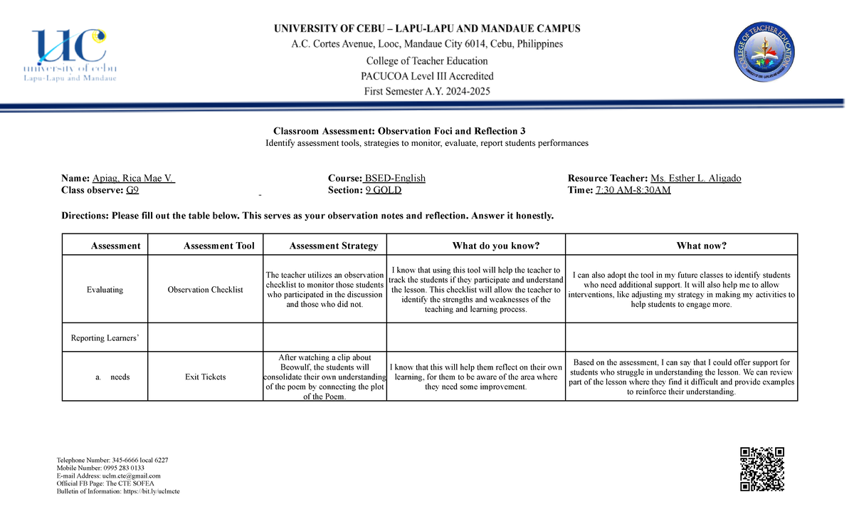 M4- Apiag-FS 411- 3 Observation Foci and Reflection 3 - Classroom ...