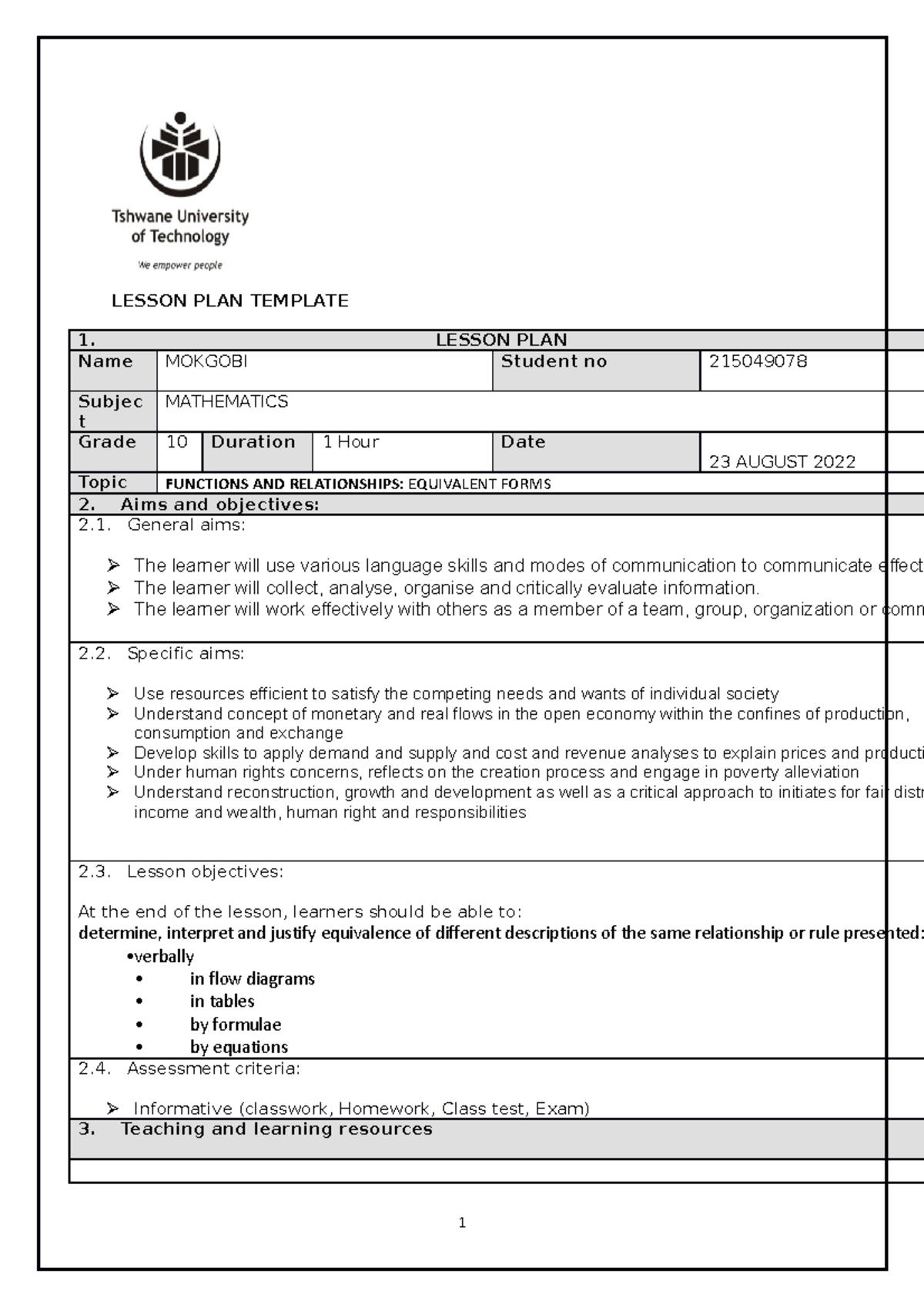 Maths Lesson PLAN 23 August - LESSON PLAN TEMPLATE 1. LESSON PLAN Name ...
