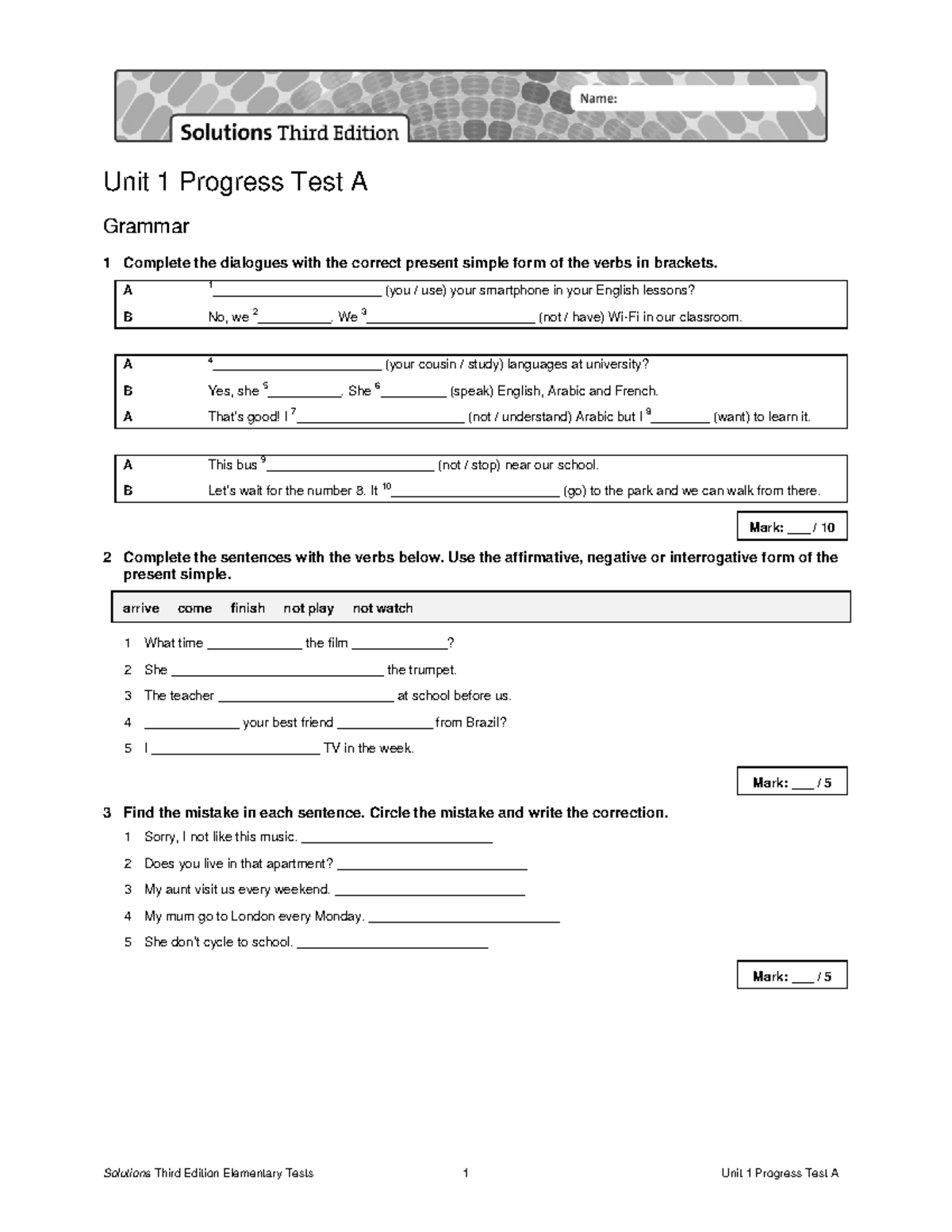 SE Progress TEST UNIT 1A - Unit 1 Progress Test A Grammar 1 Complete ...