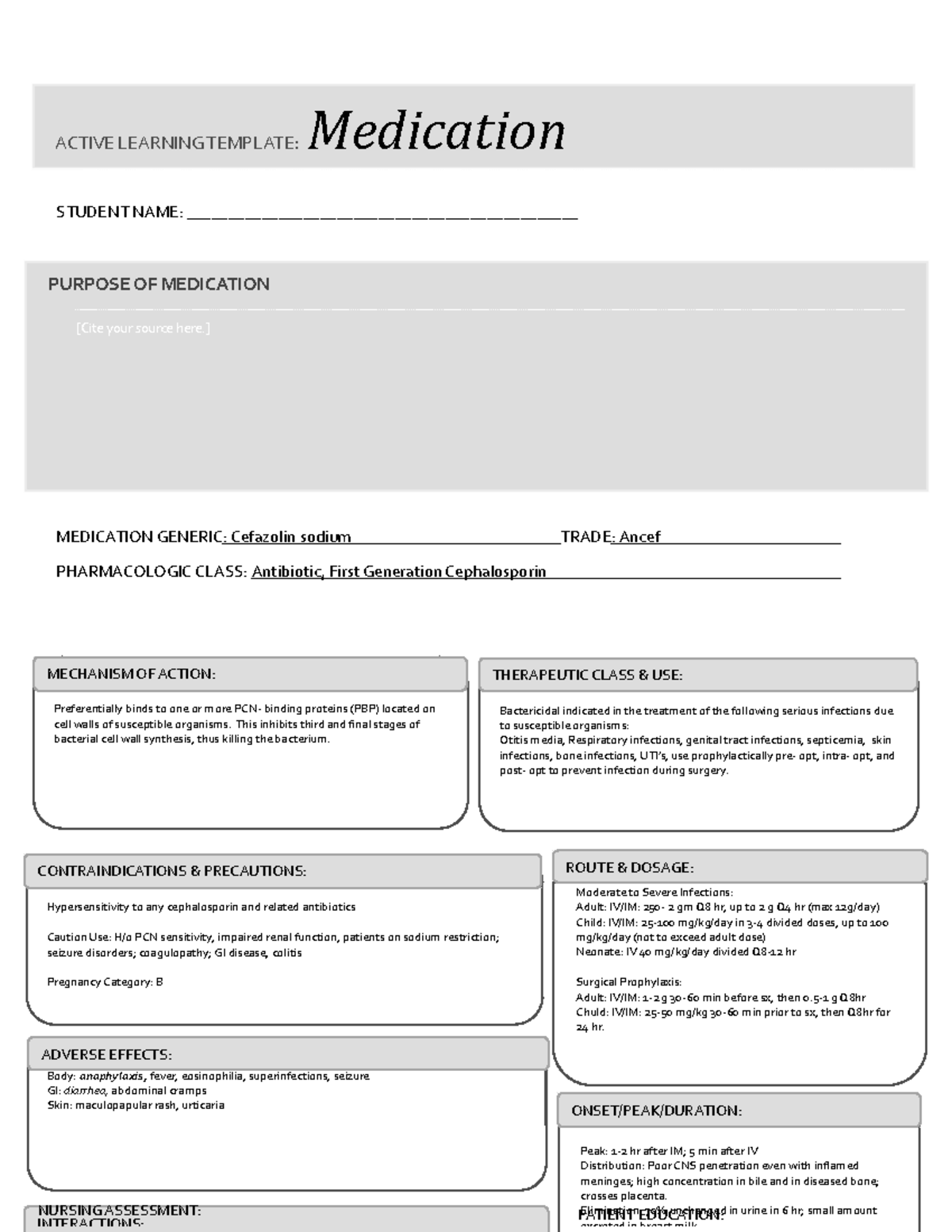 Ancef Med Card - notes - STUDENT NAME ...