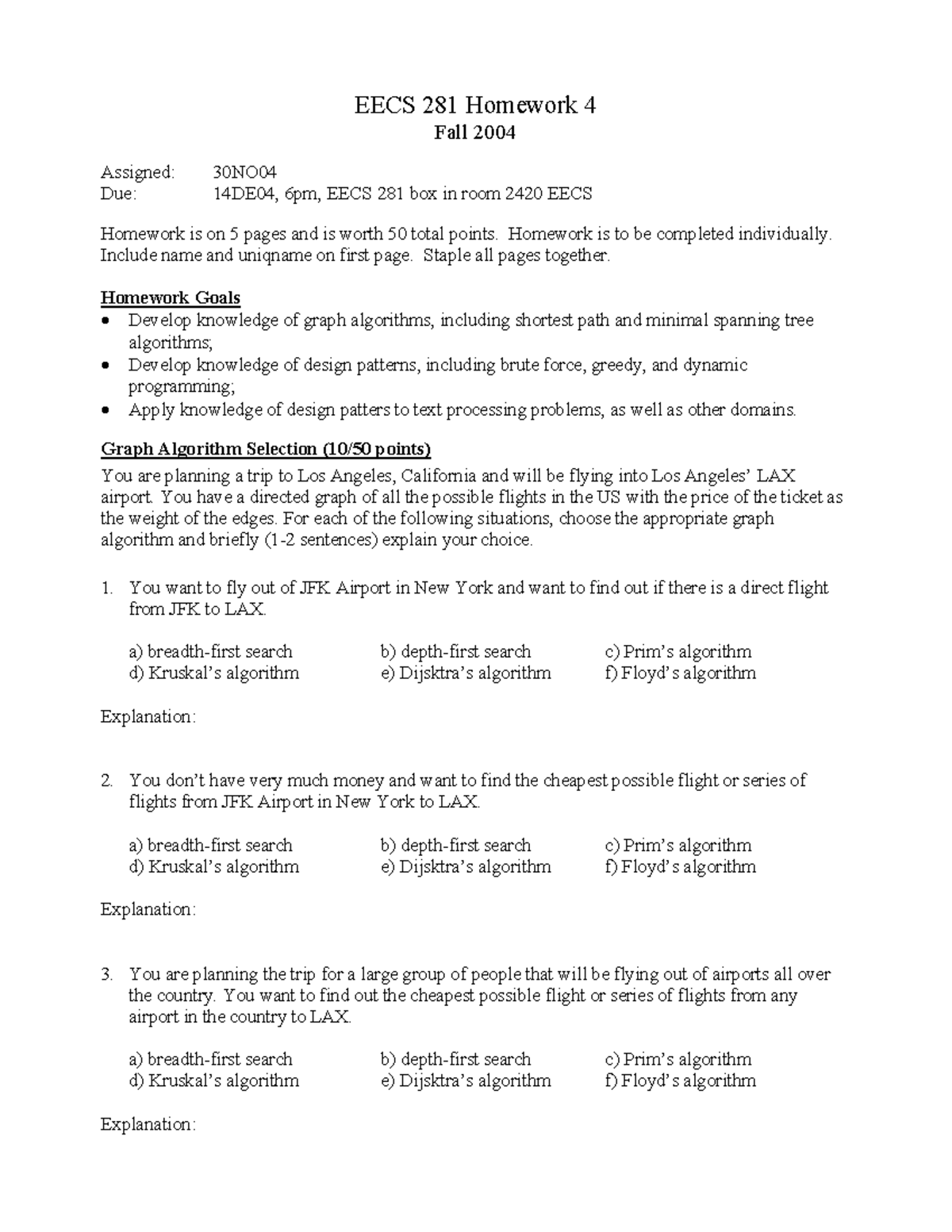 Seminar Assignments Homework 1 4 Eecs 281 Homework 4 Fall 2004 Assigned Due 30no04 14de04