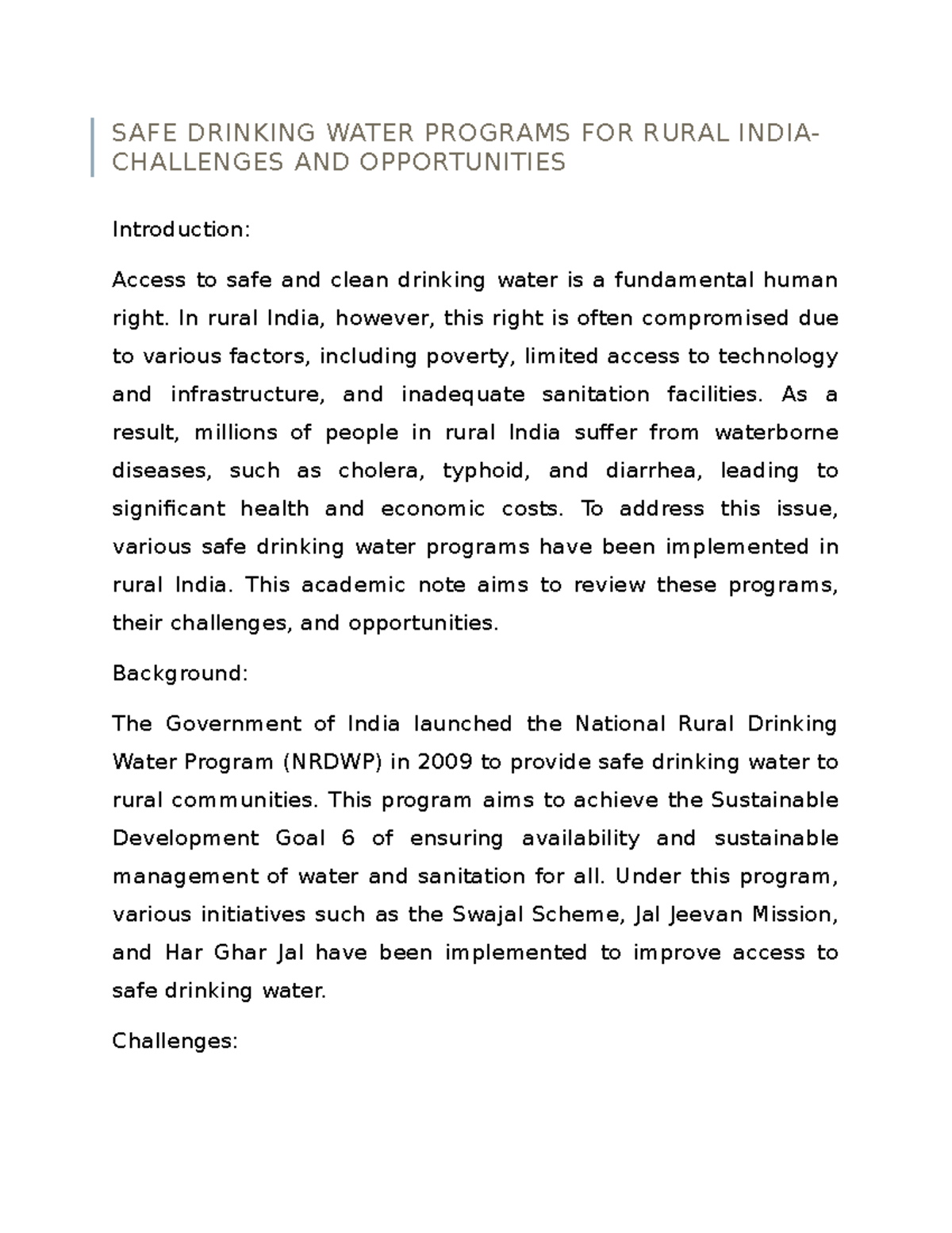 SAFE Drinking Water Programs FOR Rural India- Challenges AND ...