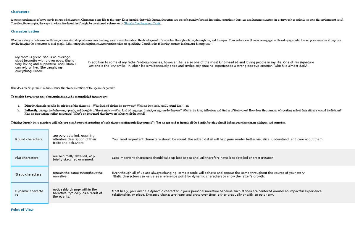 Characters, point of view - Characters A major requirement of any story ...