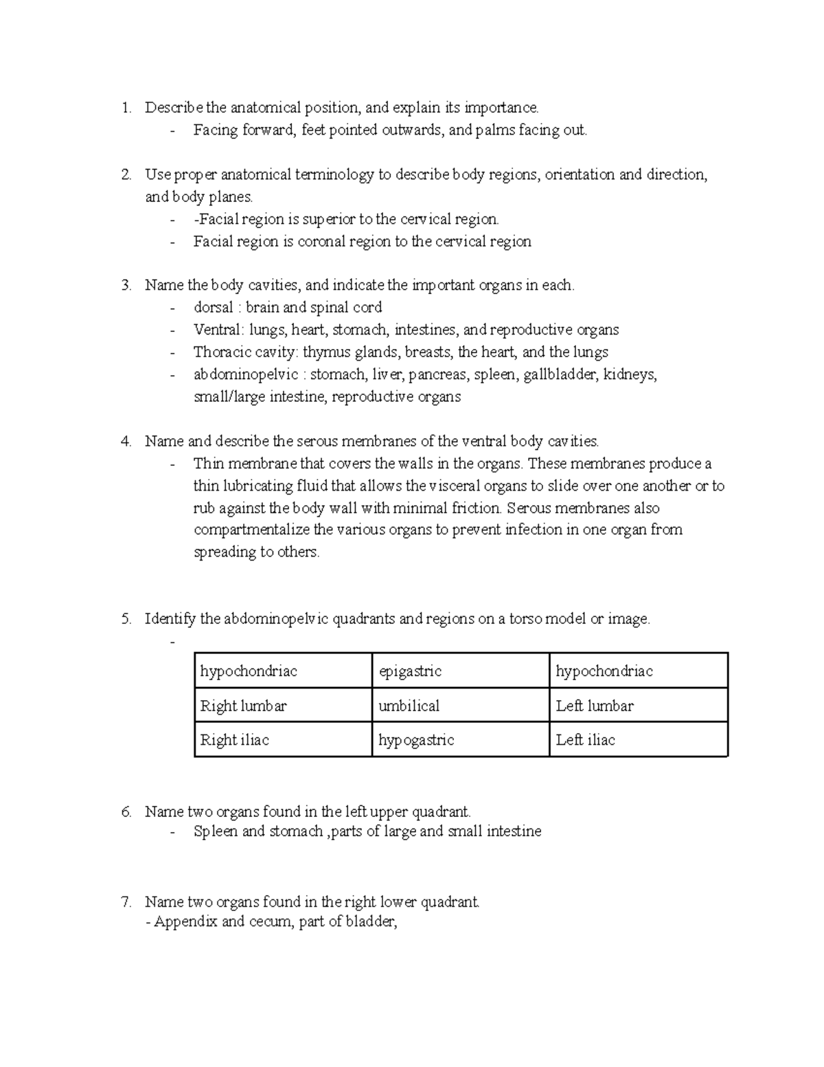 Lab 1 - anatomy / biology notes - Describe the anatomical position, and ...