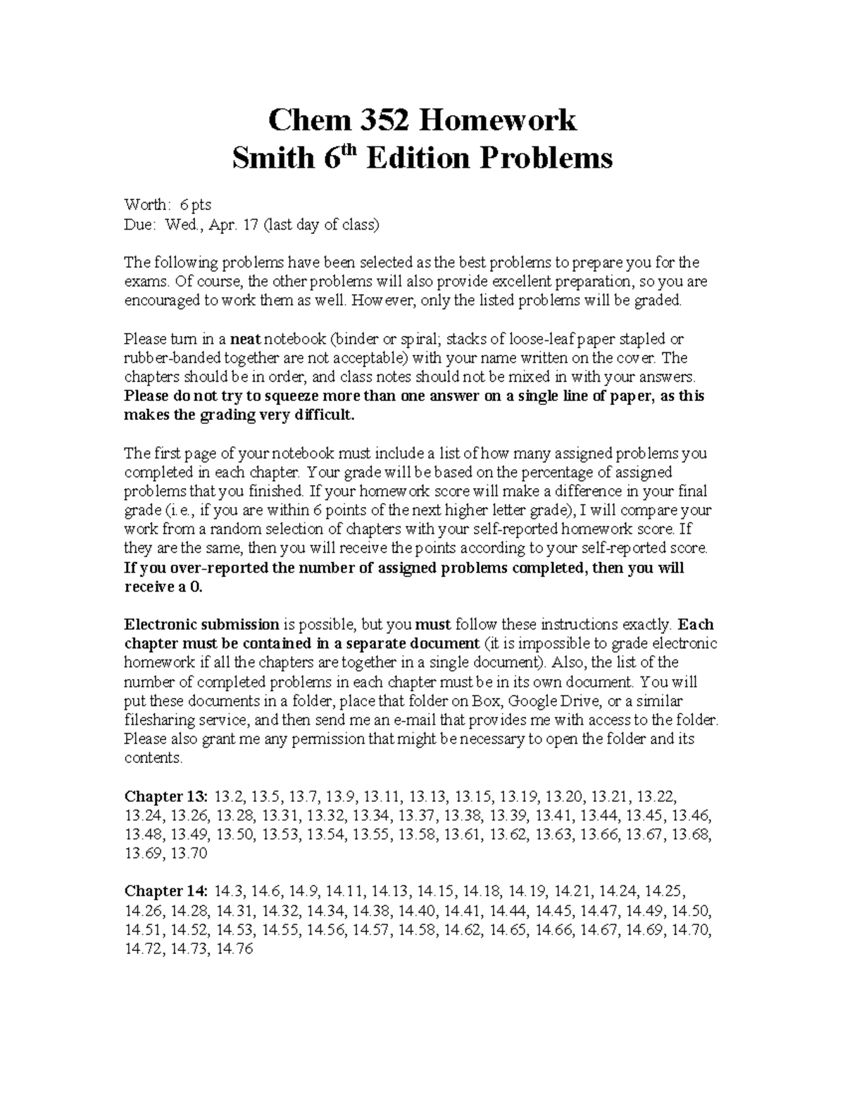 352 6th Ed Homework - Chem 352 Homework Smith 6 th Edition Problems ...