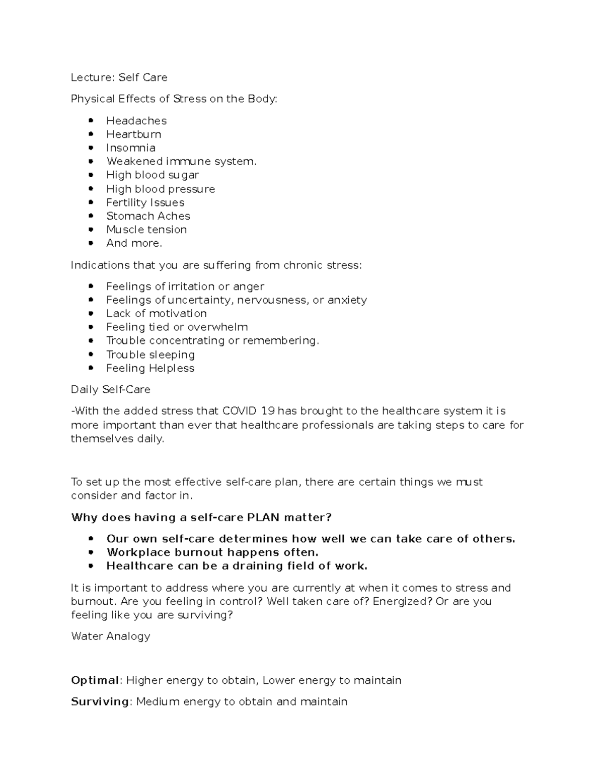 Week 2 Stress Self Care Lec Notes - Lecture: Self Care Physical Effects ...