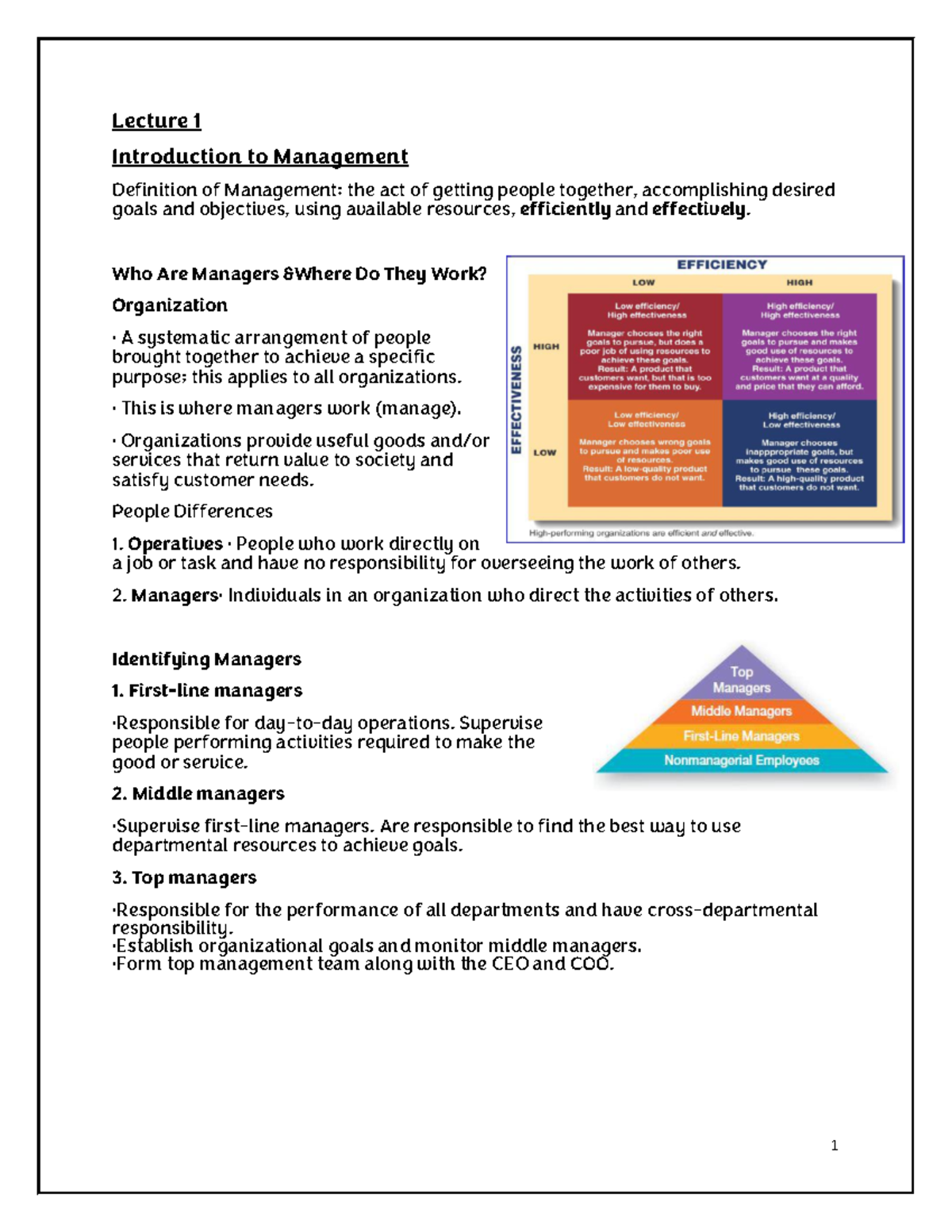 Management Notes - Lecture 1 Introduction to Management Definition of ...
