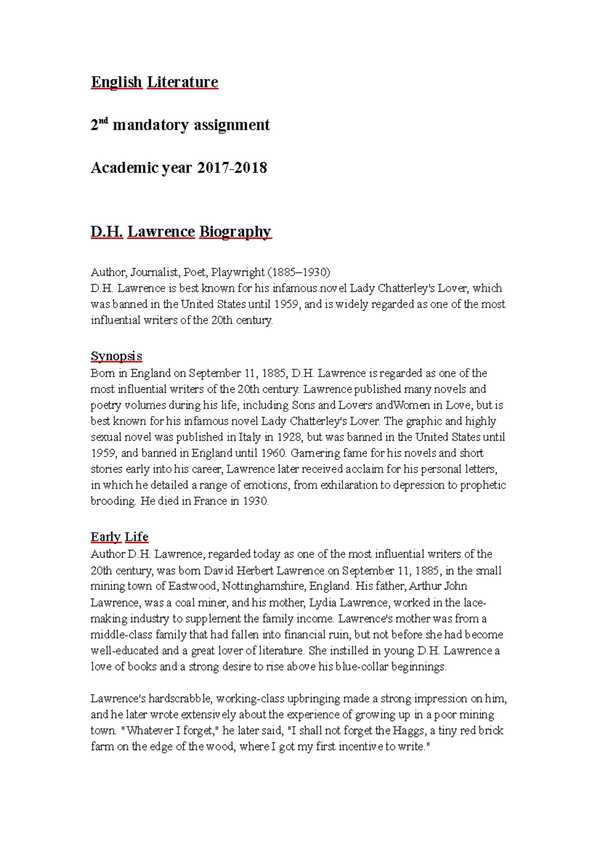 2nd mandatory assignment english literature 2017 2018 - English ...