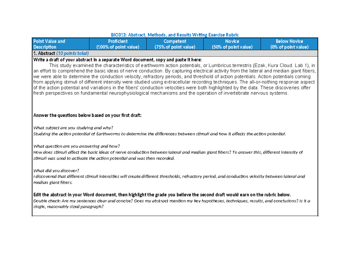 AMR Writing Practice #1 Rubric Worksheet - BIO313: Abstract, Methods ...