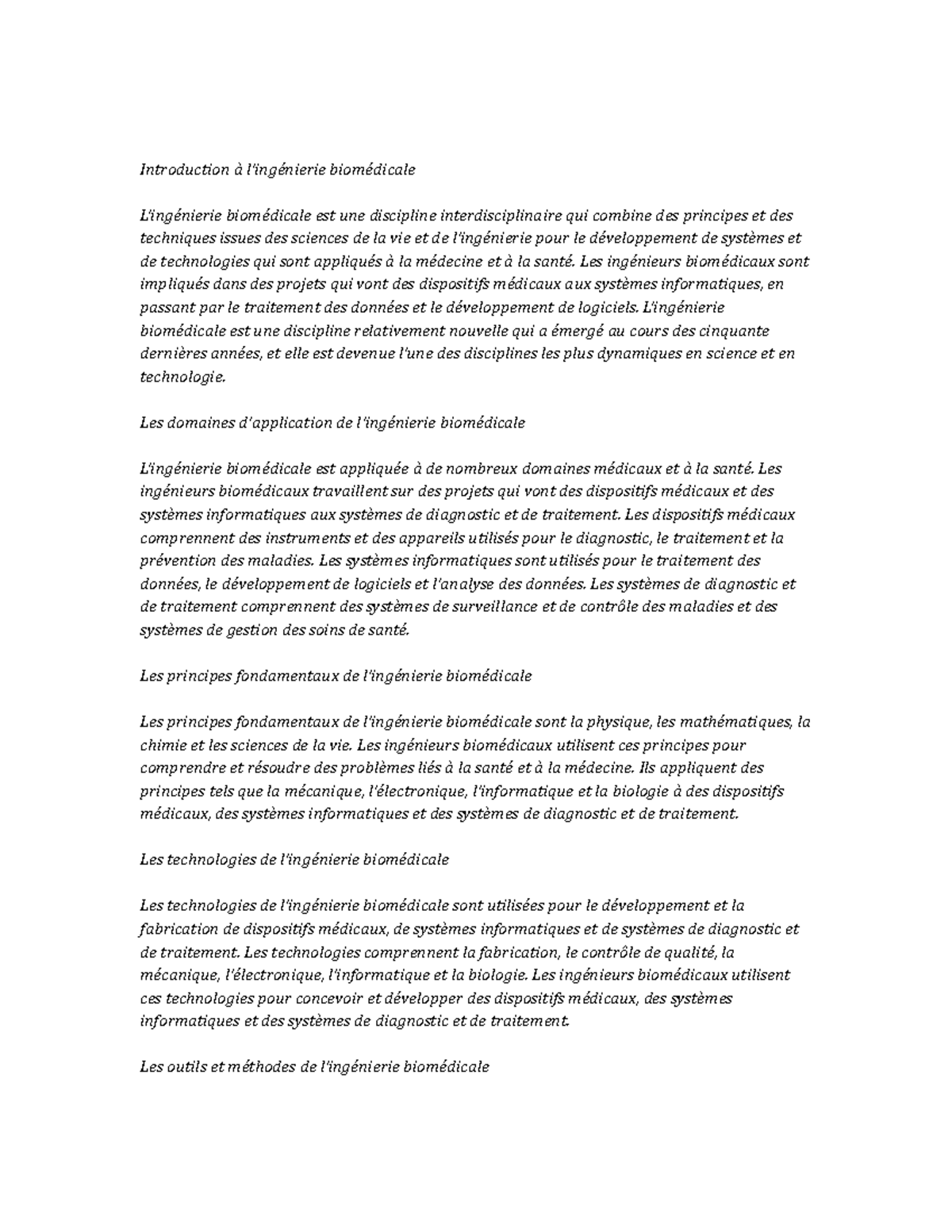 Biomedical Engineering Notes de cours - Introduction à l’ingénierie ...