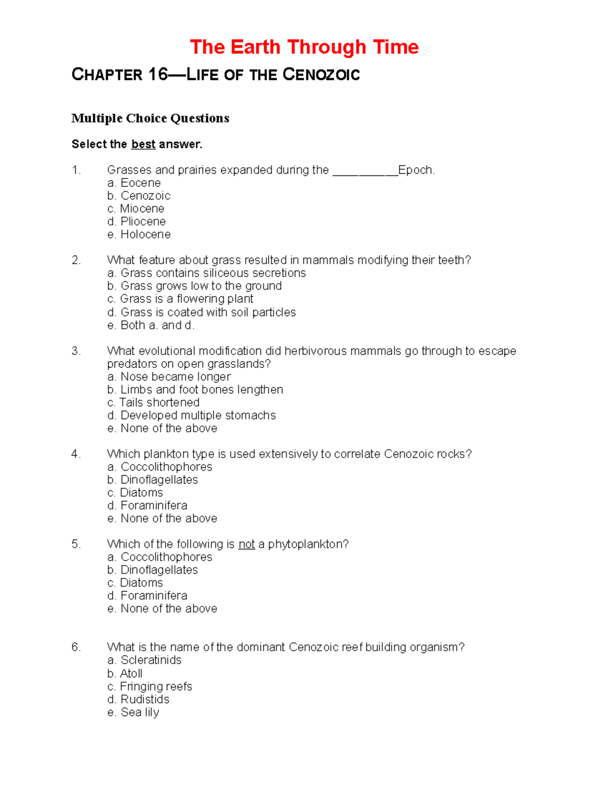 Ch16 Life of the Cenozoic Test - The Earth Through Time CHAPTER 16—LIFE ...