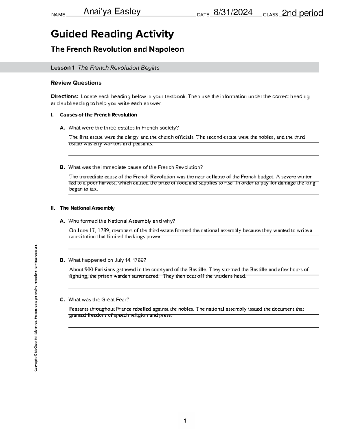 Guided Reading 3-1 French Revolution Begins answer - NAME DATE CLASS ...