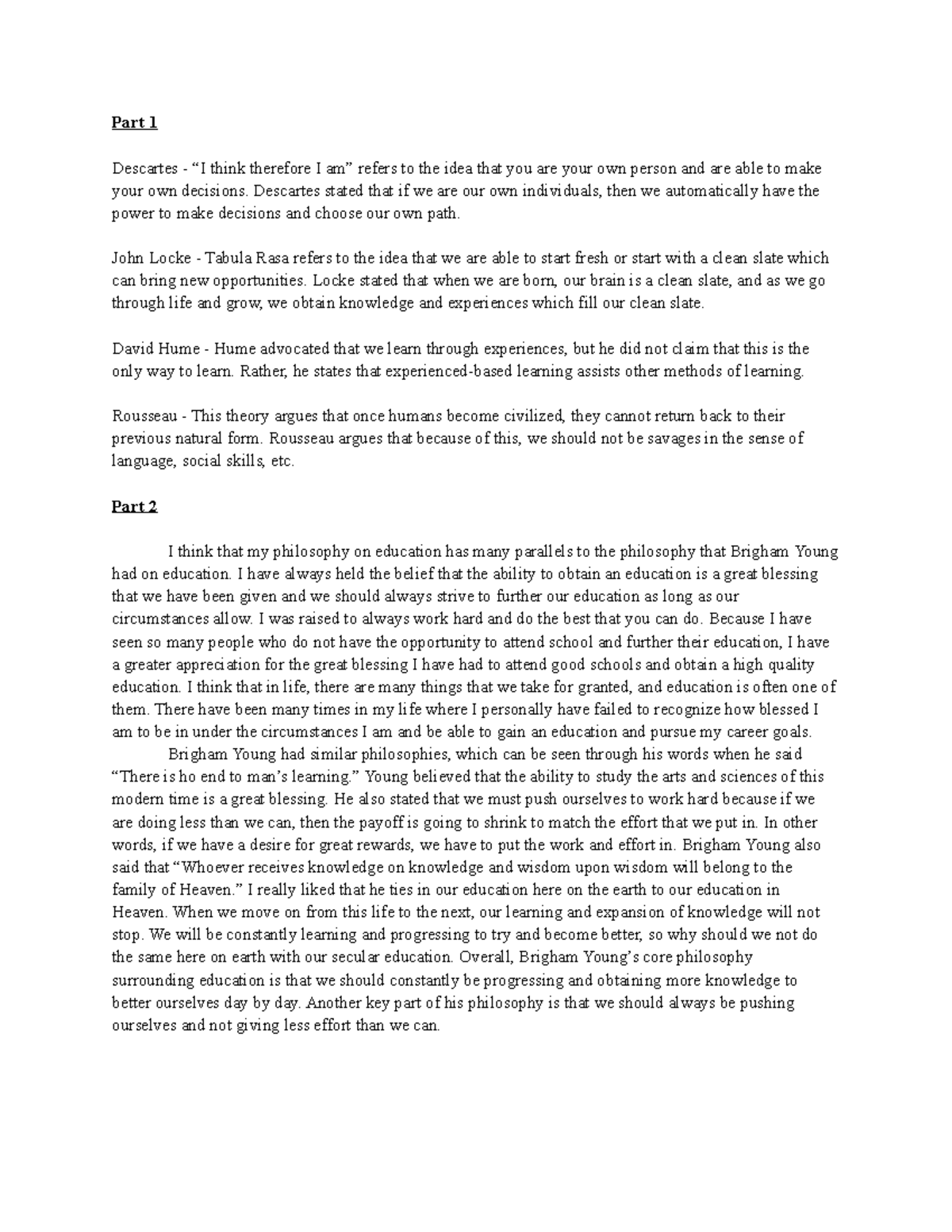 Philosophy of Education - Part 1 Descartes - “I think therefore I am ...