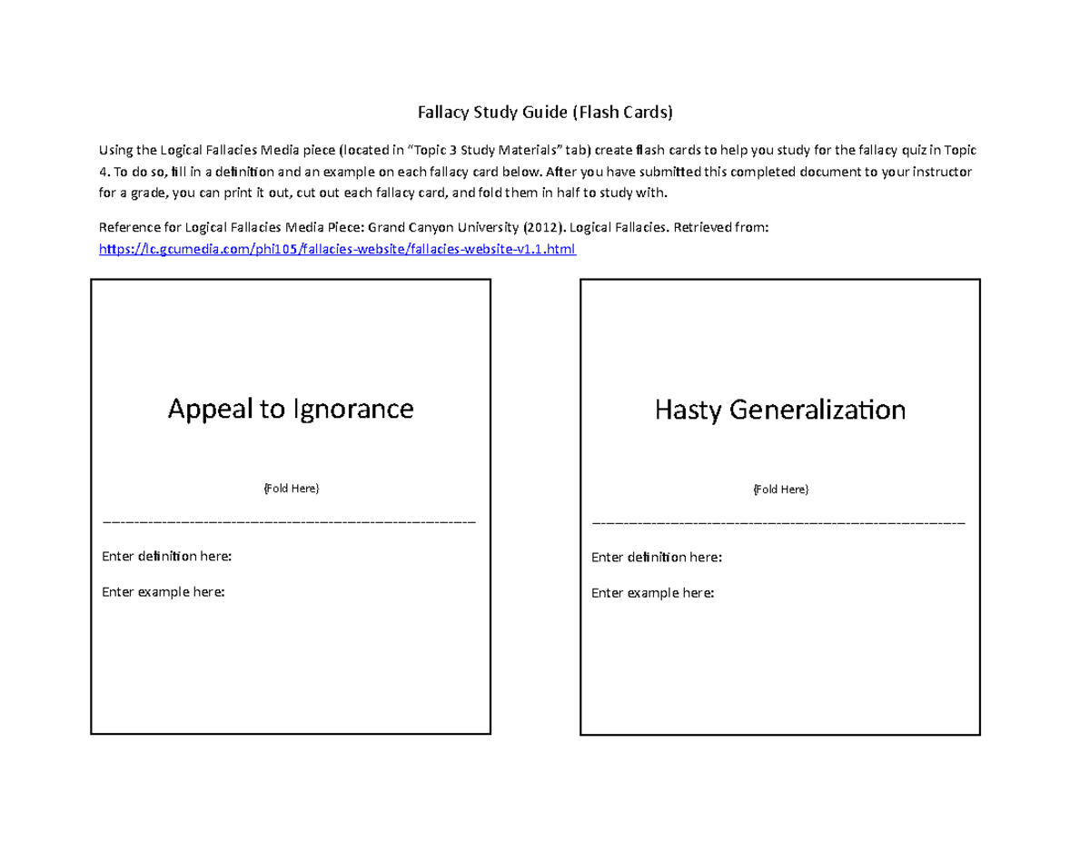 phi 105 fallacy study guide - Fallacy Study Guide (Flash Cards) Using ...