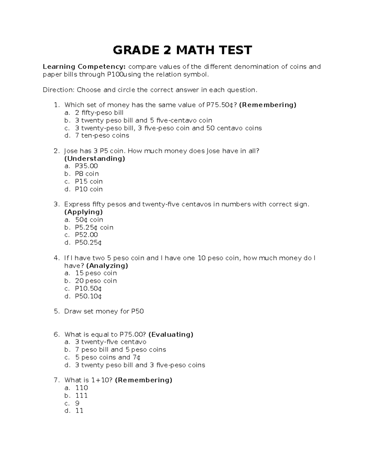 Grade 2 MATH TEST - GRADE 2 MATH TEST Learning Competency: compare ...