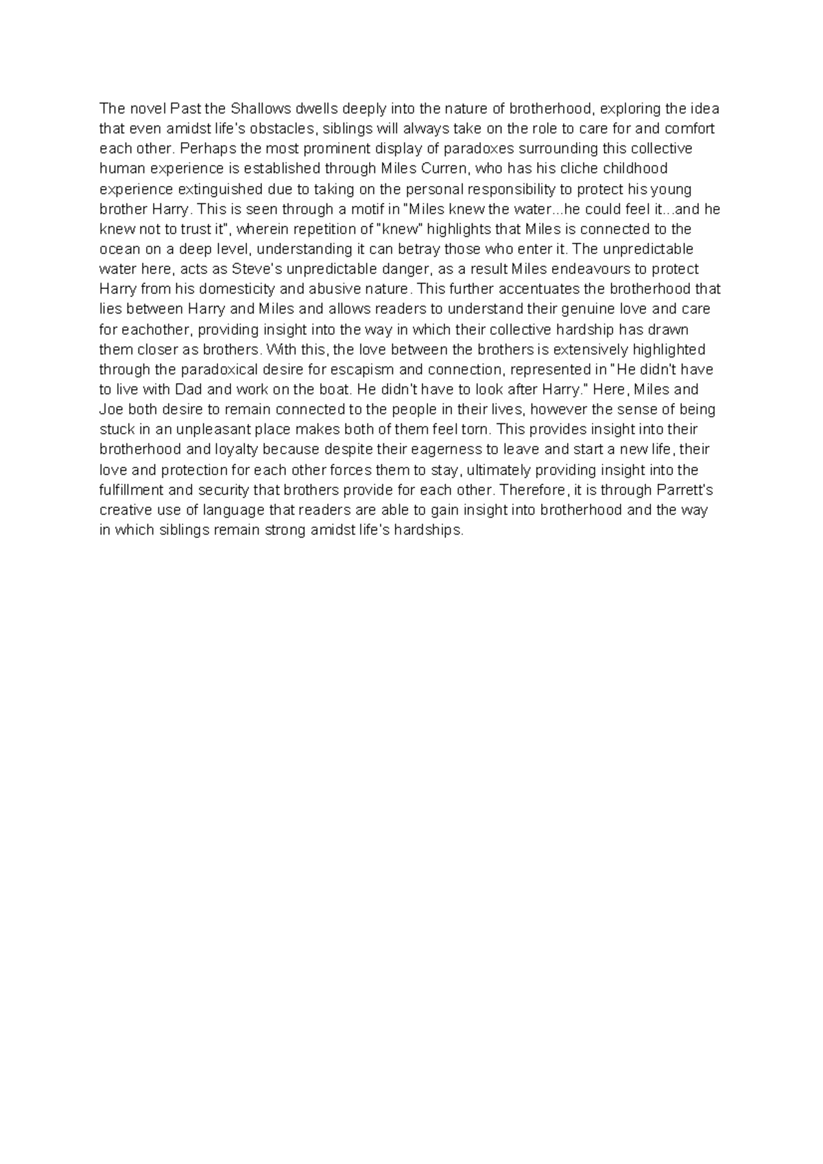 One body paragraph - common module - The novel Past the Shallows dwells ...