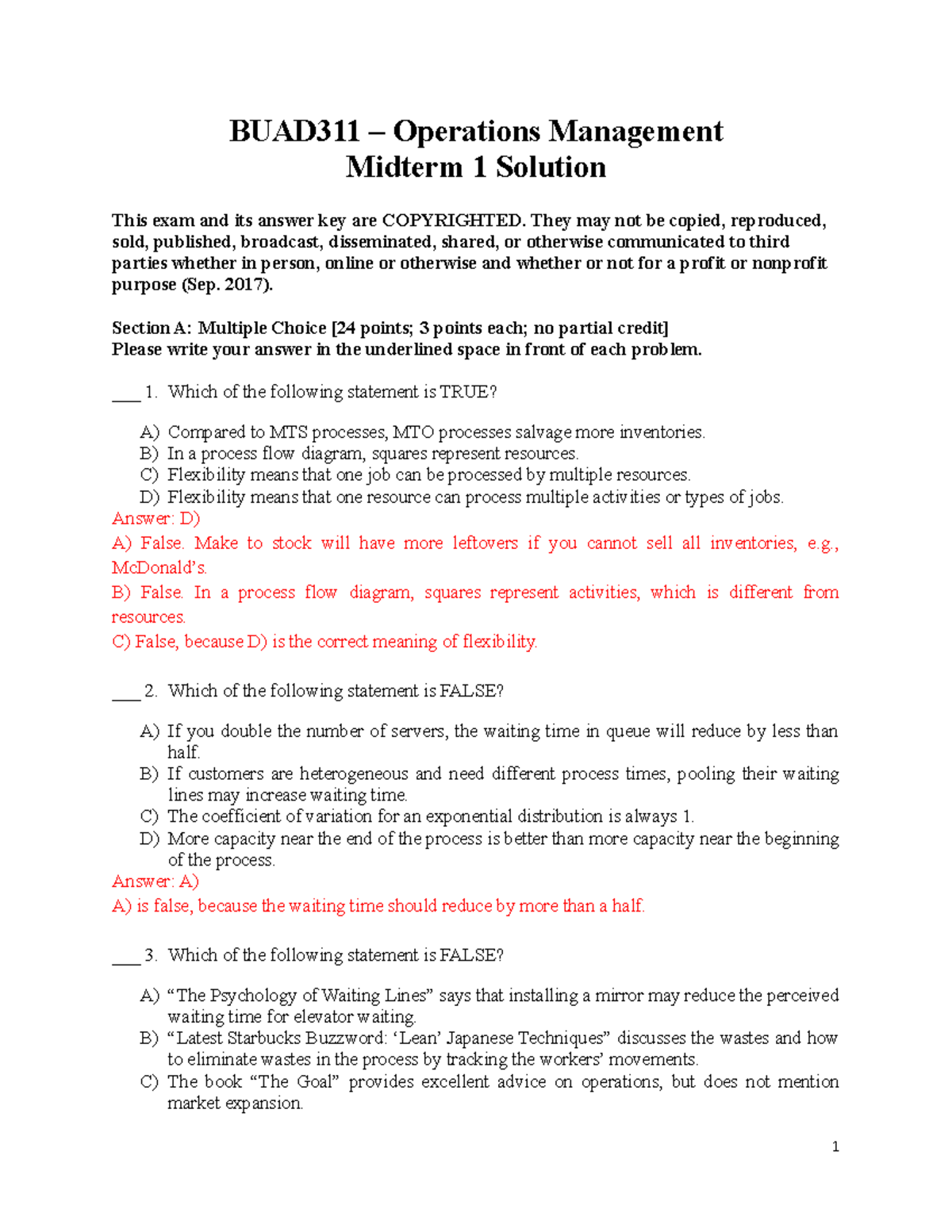 311 midterm 1 solutions revised - BUAD311 – Operations Management Midterm 1 Solution This exam ...