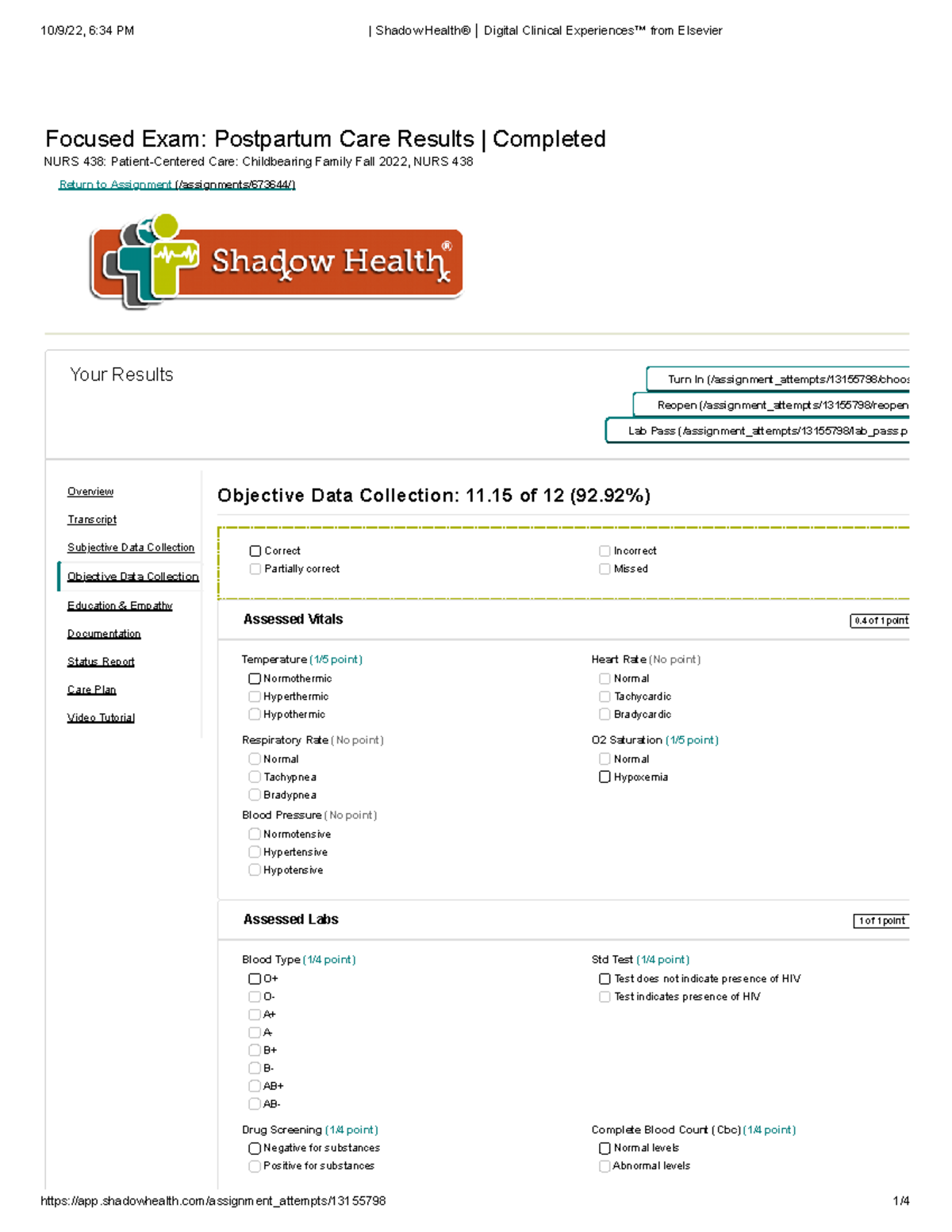 Shadow Health Postpartum Care Objective Data - Focused Exam: Postpartum ...