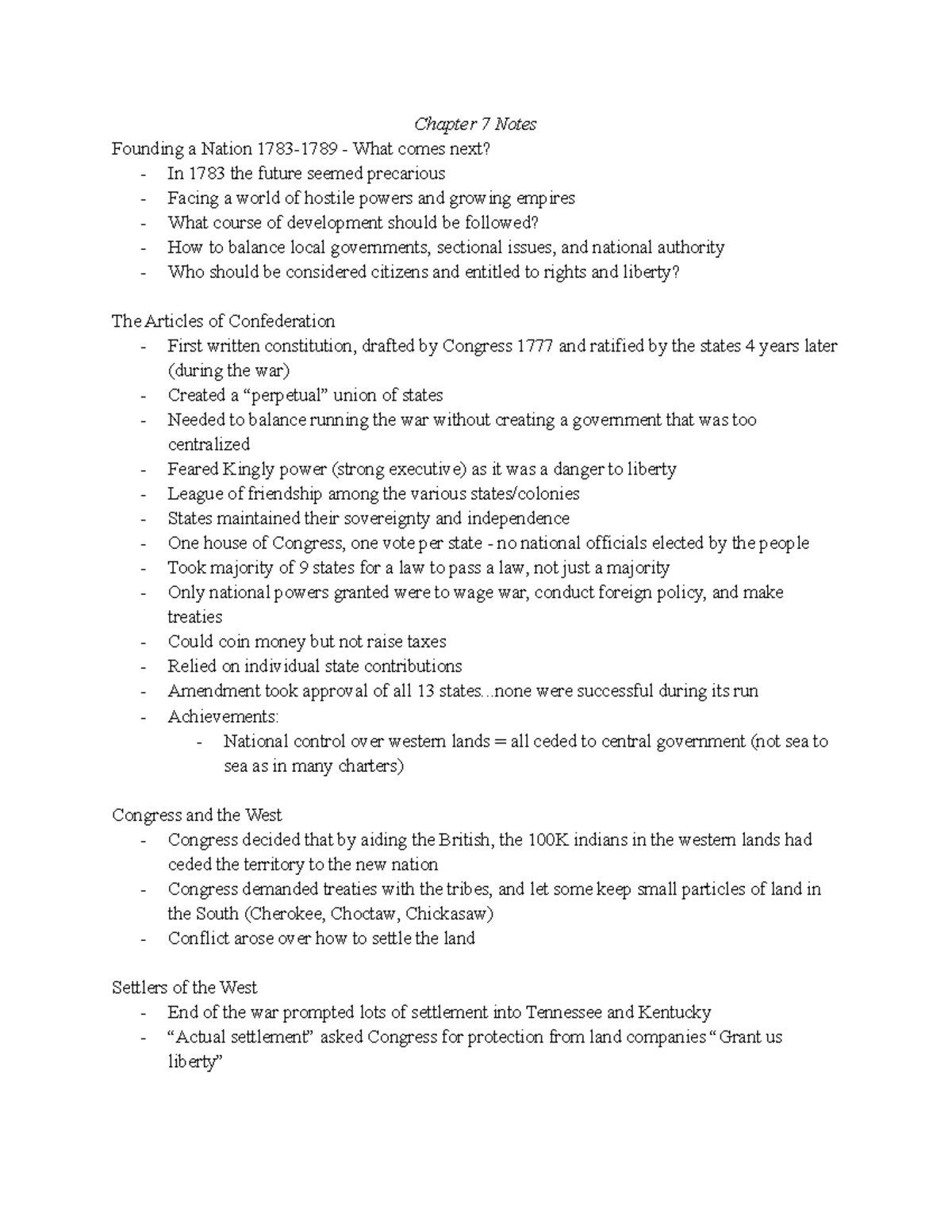 KAYLA KIM- Chapter 7 Notes - Chapter 7 Notes Founding a Nation 1783 ...