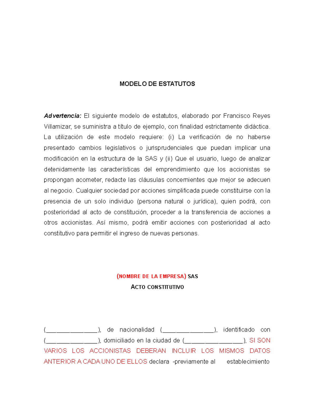 Modelo-Estatutos-SAS - MODELO DE ESTATUTOS Advertencia: El siguiente ...