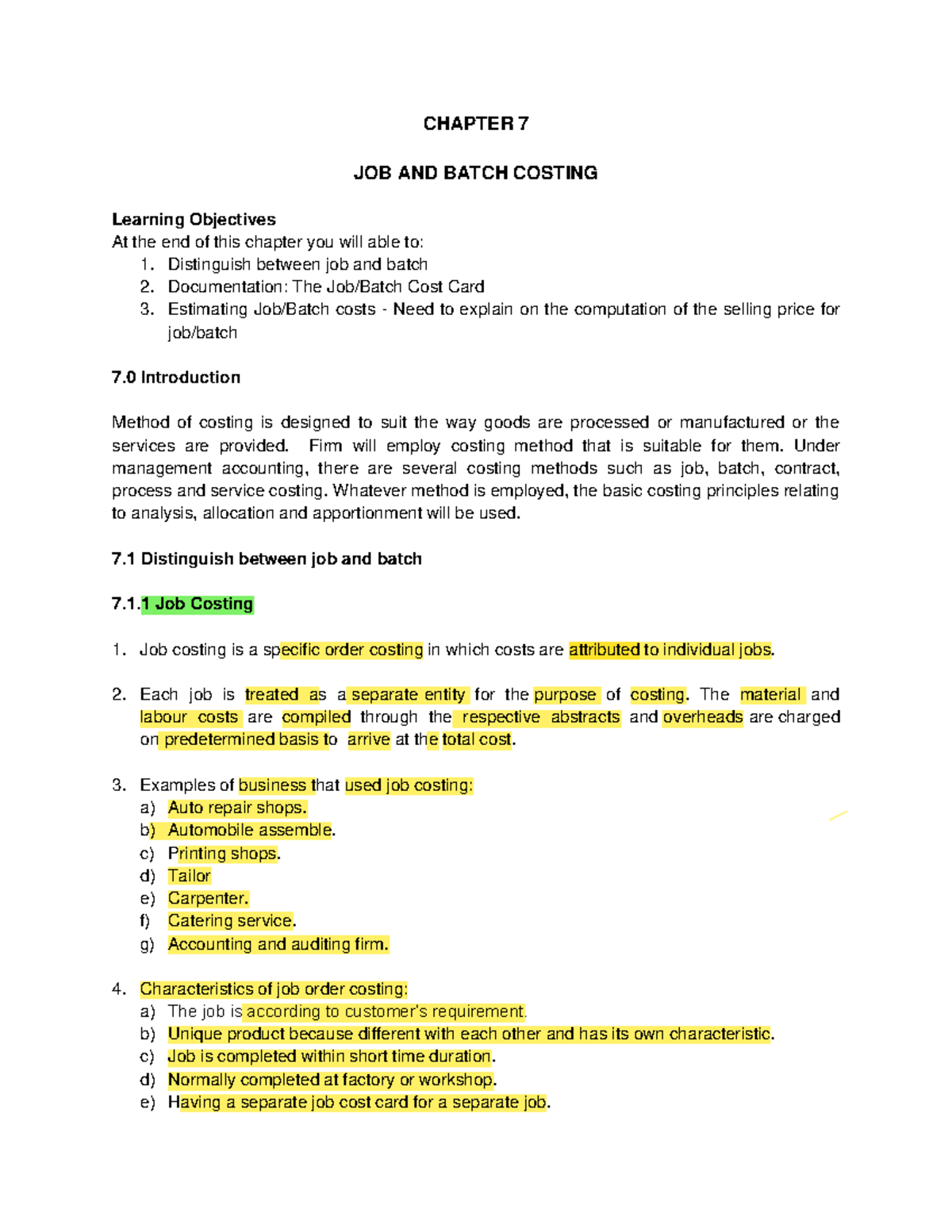 job and batch costing - CHAPTER 7 JOB AND BATCH COSTING Learning ...