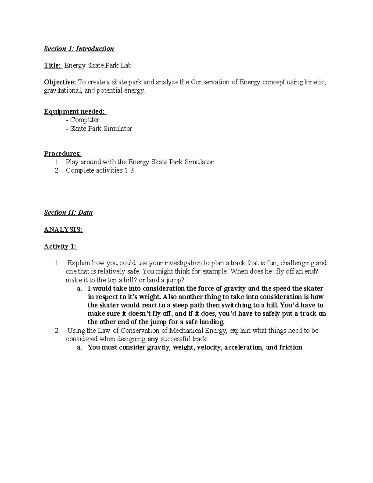 Copy of Energy Skate Lab - Section 1: Introduction Title: Energy Skate ...