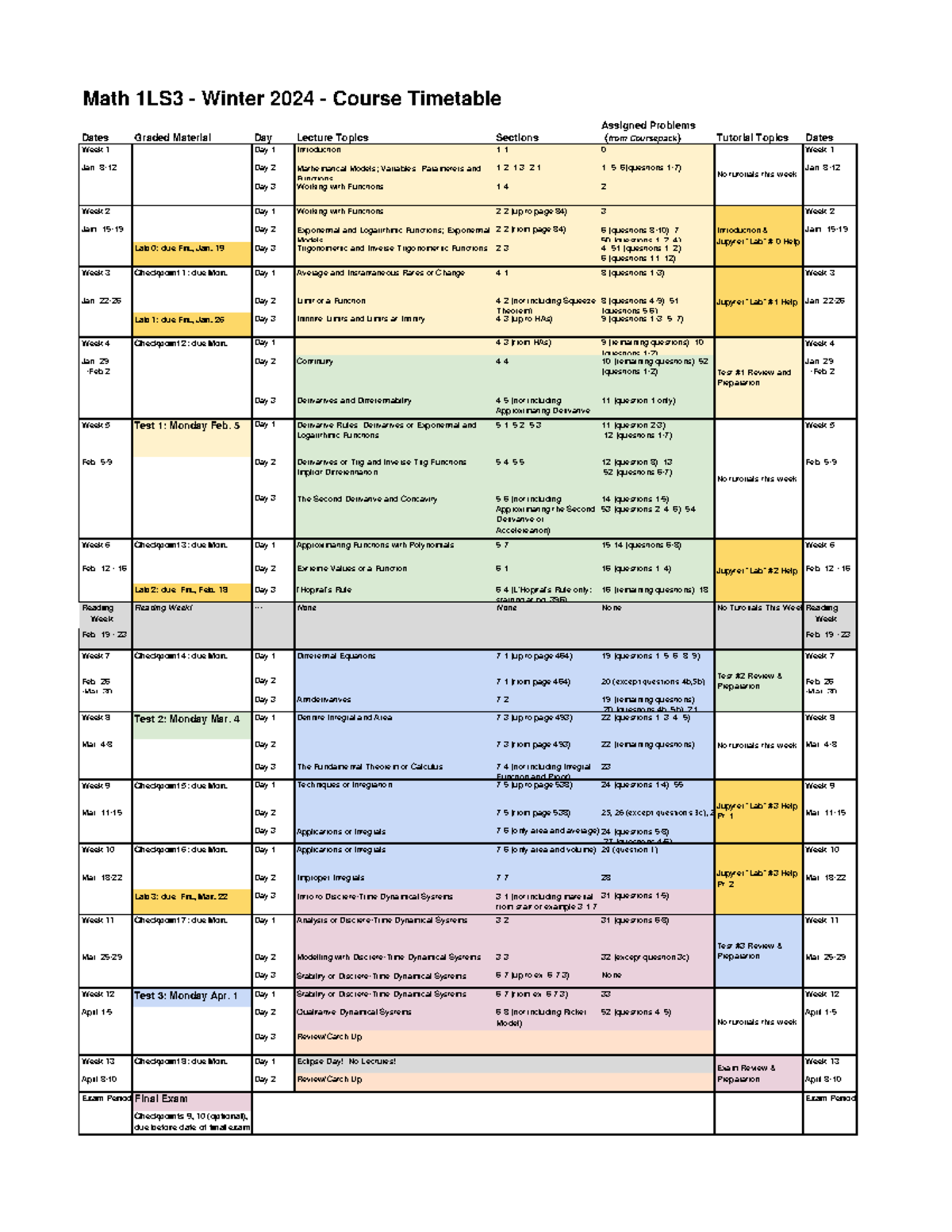 1LS3 Lecture Schedule - W24 - Math 1LS3 - Winter 2024 - Course ...