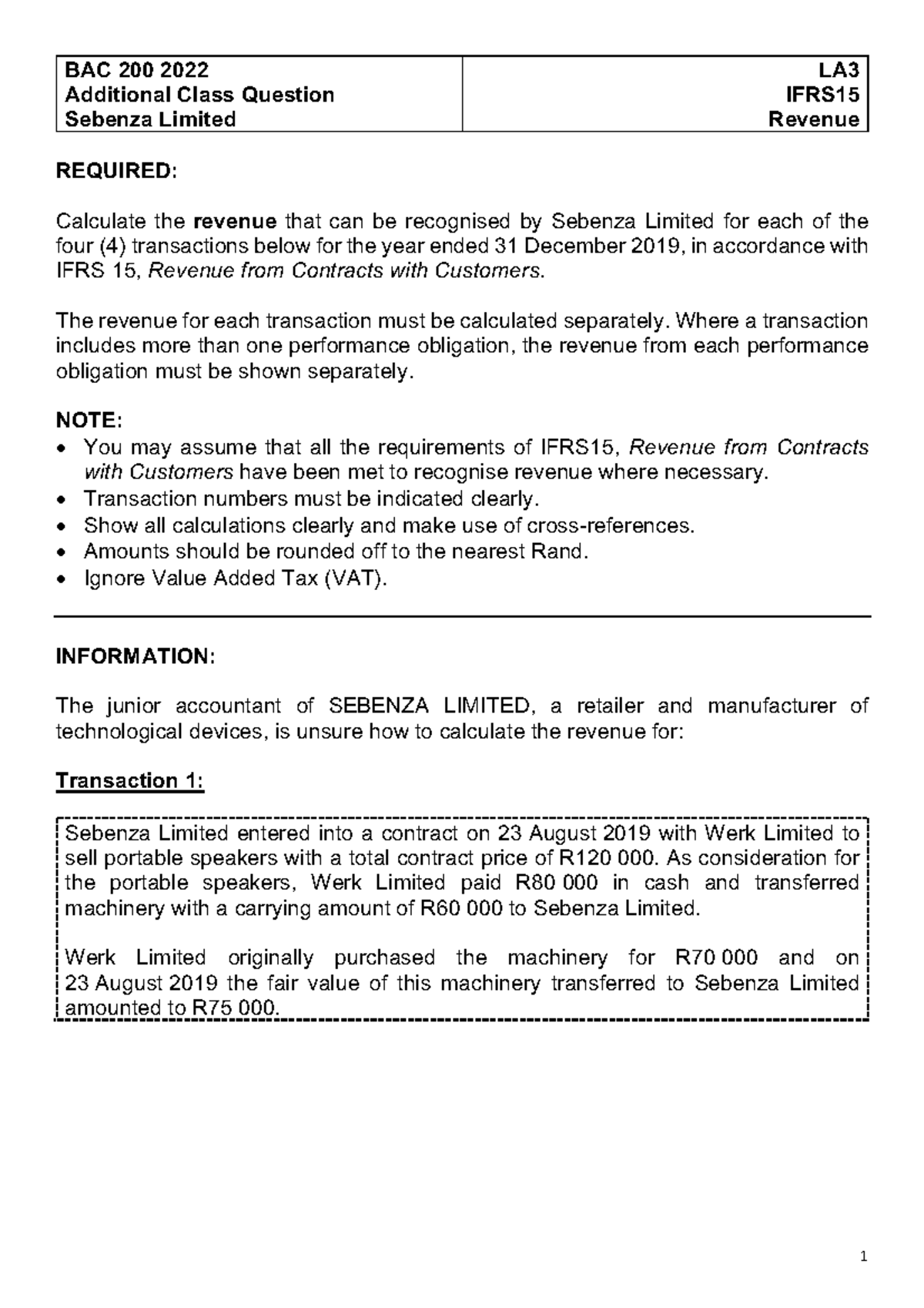 BAC 200 2022 LA3 Revenue Additional Class Question - BAC 200 2022 ...