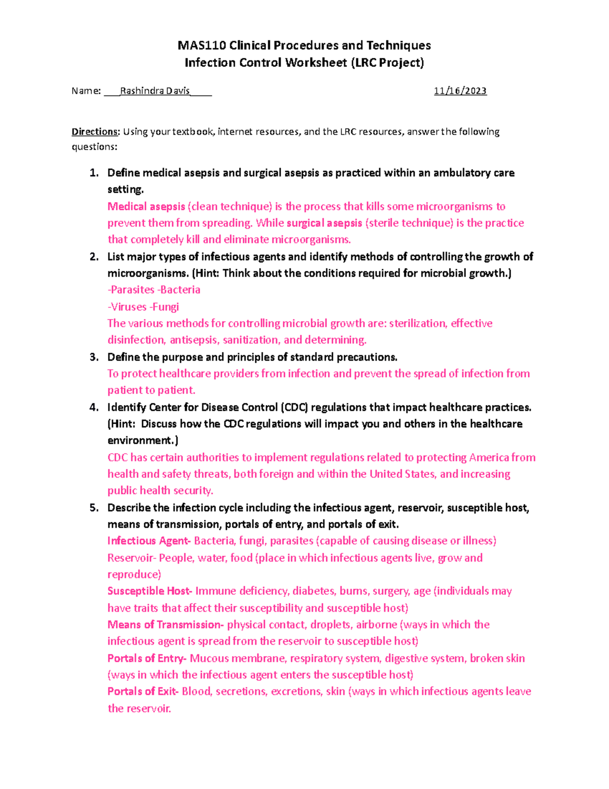 Week 1 Assignment 2 Infection Control Worksheet - MAS110 Clinical ...