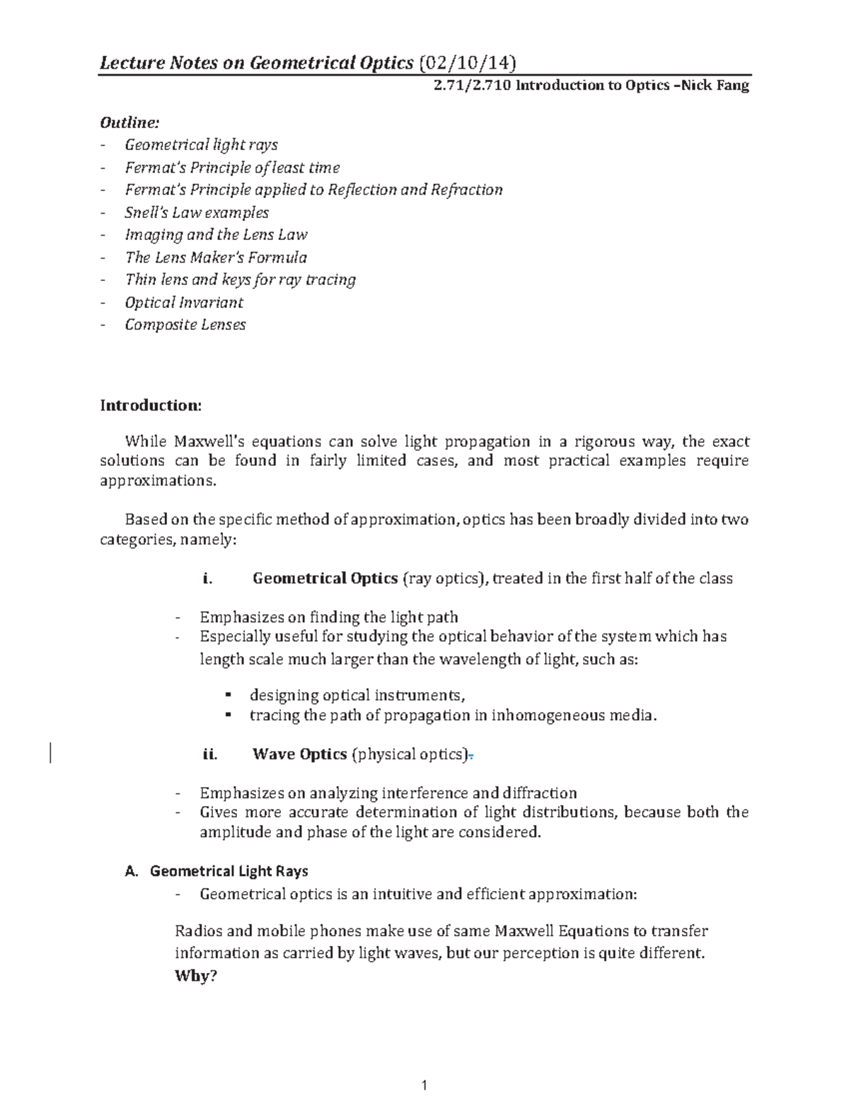 Geometrical optics - Leture note - 2.71/2 Introduction to Optics –Nick ...