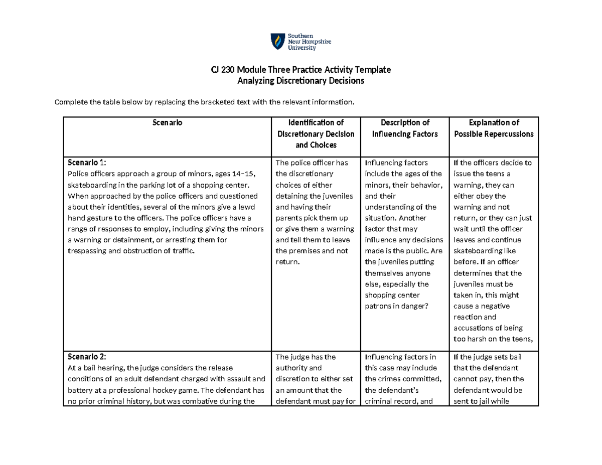 CJ 230 Module Three Practice Activity - Scenario Identification of ...
