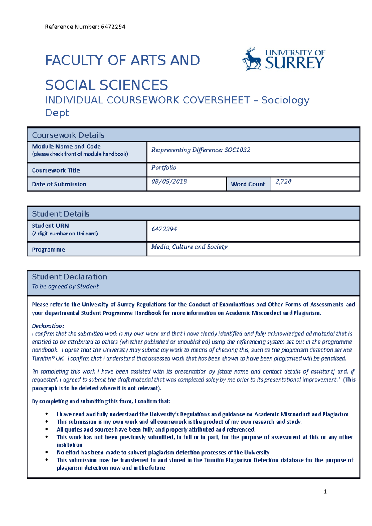 Portfolio - FACULTY OF ARTS AND SOCIAL SCIENCES INDIVIDUAL COURSEWORK ...