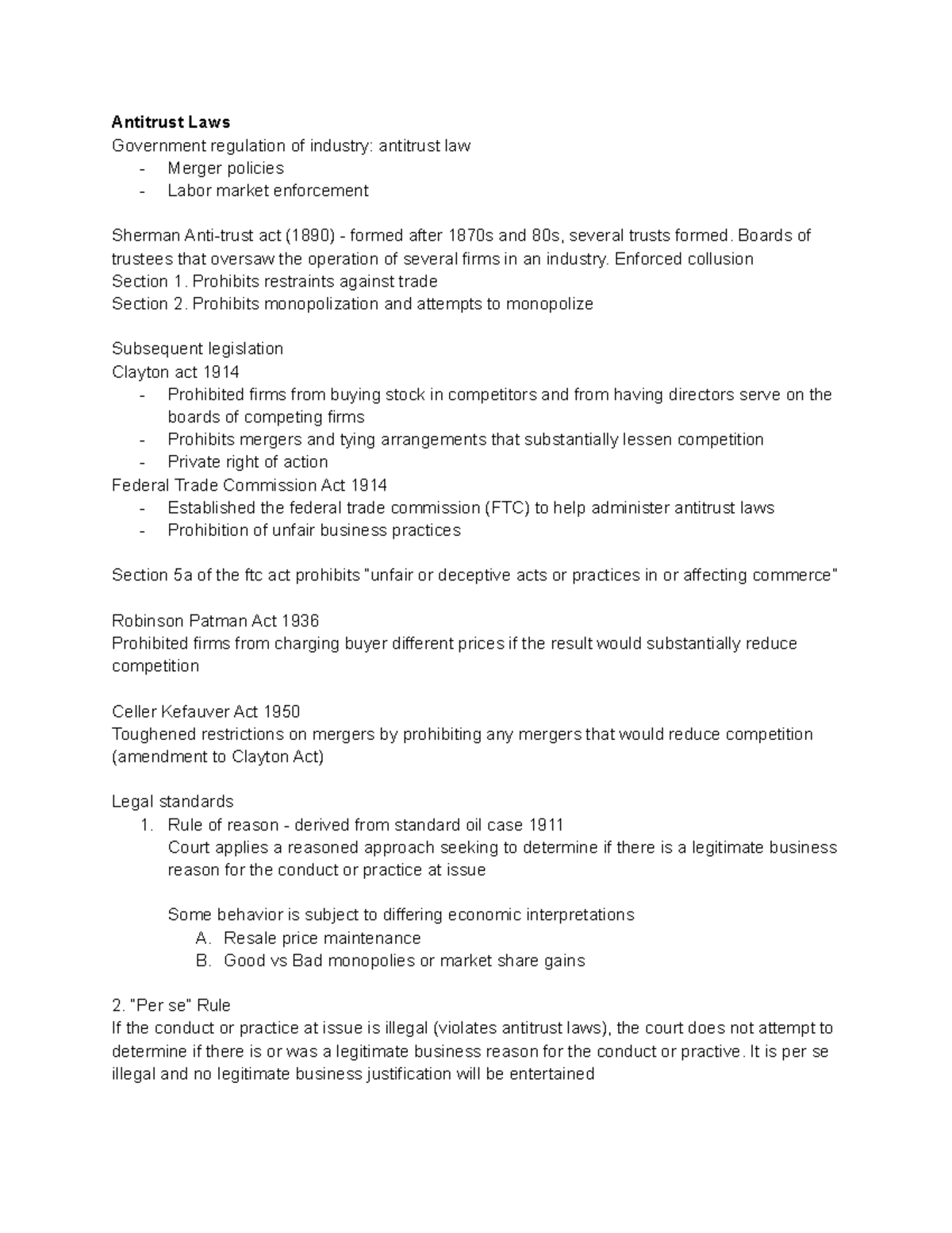 Contemp econ final review 2 - Antitrust Laws Government regulation of ...