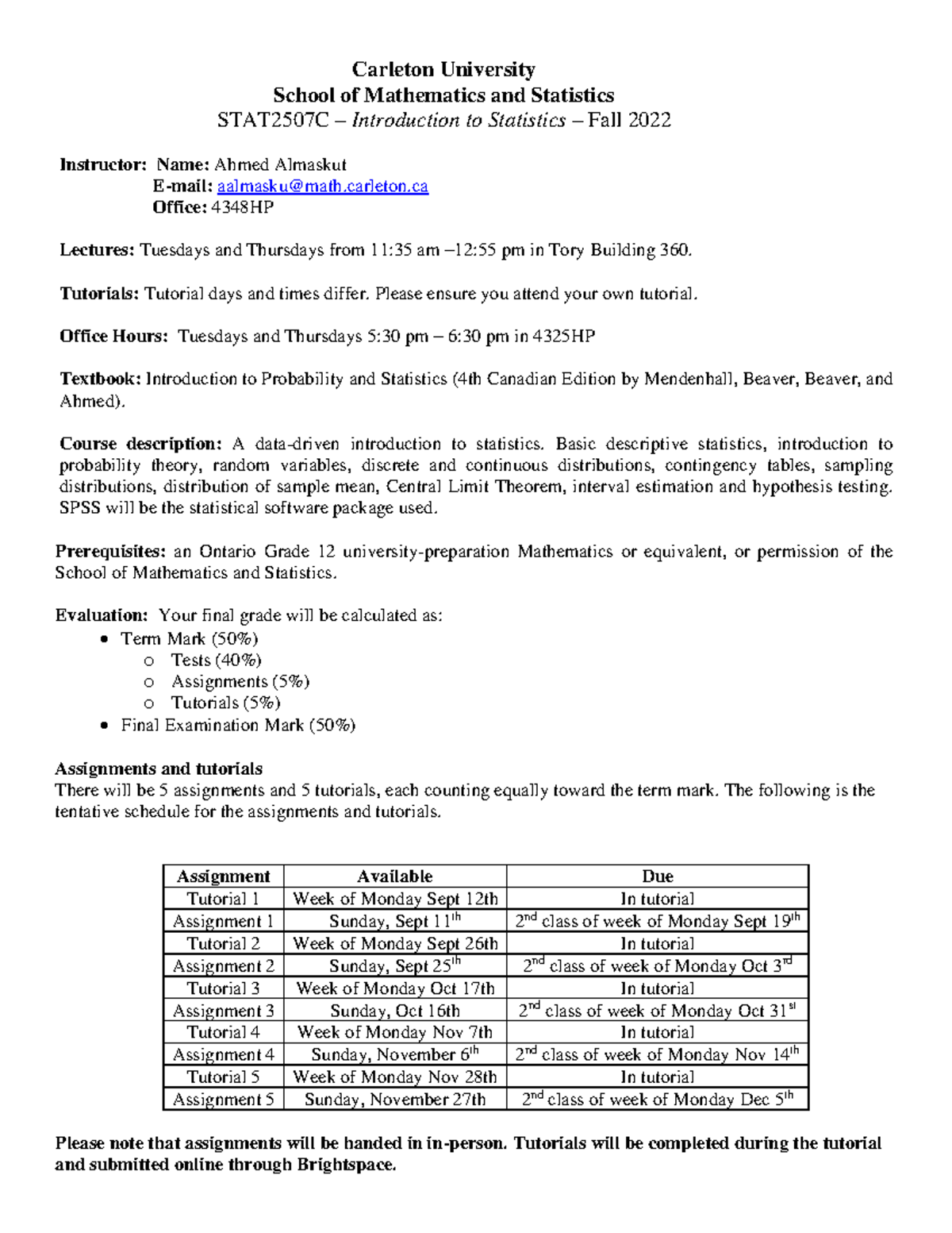 STAT2507CCourse - Course outline - Carleton University School of ...